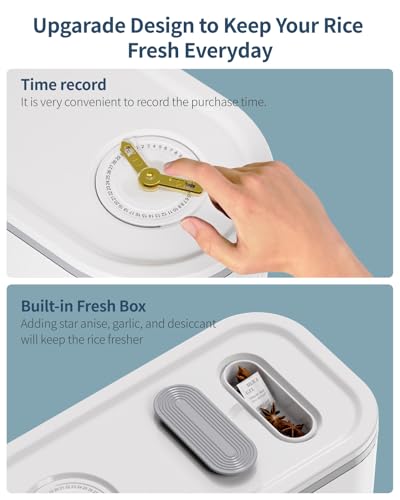 Lenwi 22 Lbs Rice Dispenser, Large Rice Container with Scale Measuring Cup, BPA-Free Household Rice Storage Container with Time Scale, for Home Kitchen Pantry Organization