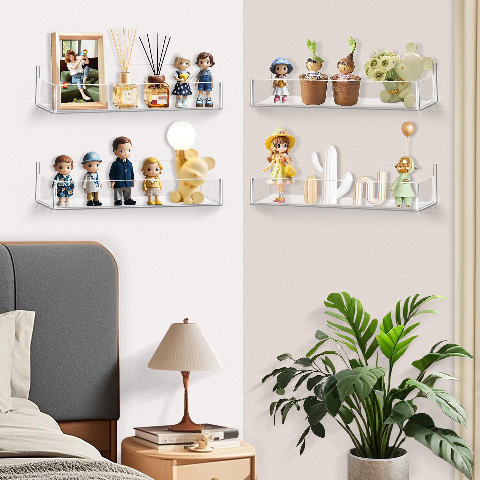GTJ Acrylic Shelves, 4-Pack Spice Rack Wall Mount, Clear Book Shelves for Wall, Spice Organization, Vinyl Wall Mount, Cabinet, Pantry Door, Kitchen, Bedroom, Self-Adhesive and Drilling