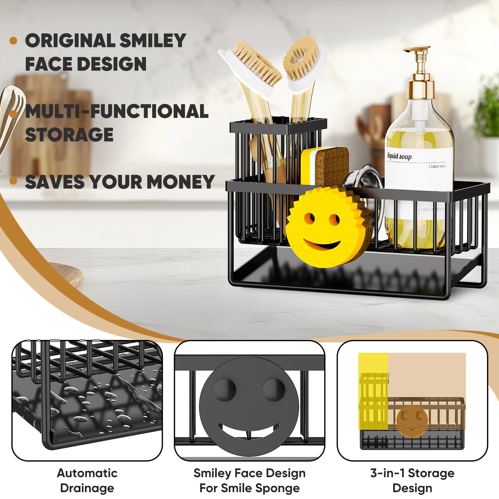 Sponge Holder for Kitchen Sink,Smiley Face Sink Caddy with Removable Brush Holder,Self-Draining Sponge Caddy for Sponge,Soap,Dish Brush,Scrubber,Kitchen Essentials and Gadgets