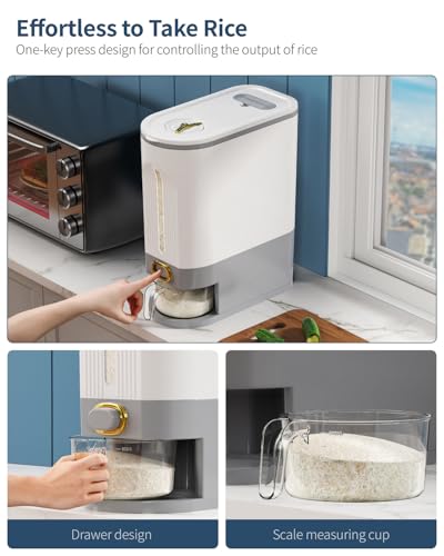 Lenwi 22 Lbs Rice Dispenser, Large Rice Container with Scale Measuring Cup, BPA-Free Household Rice Storage Container with Time Scale, for Home Kitchen Pantry Organization