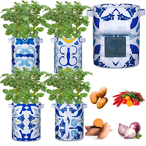 4 Pcs Boho Potato Grow Bags with Flap 5 Gallon Garden Planting Bag with Handles and Harvest Window Boho Garden Pots Thickened Tomato Planter for Potato Tomato Vegetable and Fruits