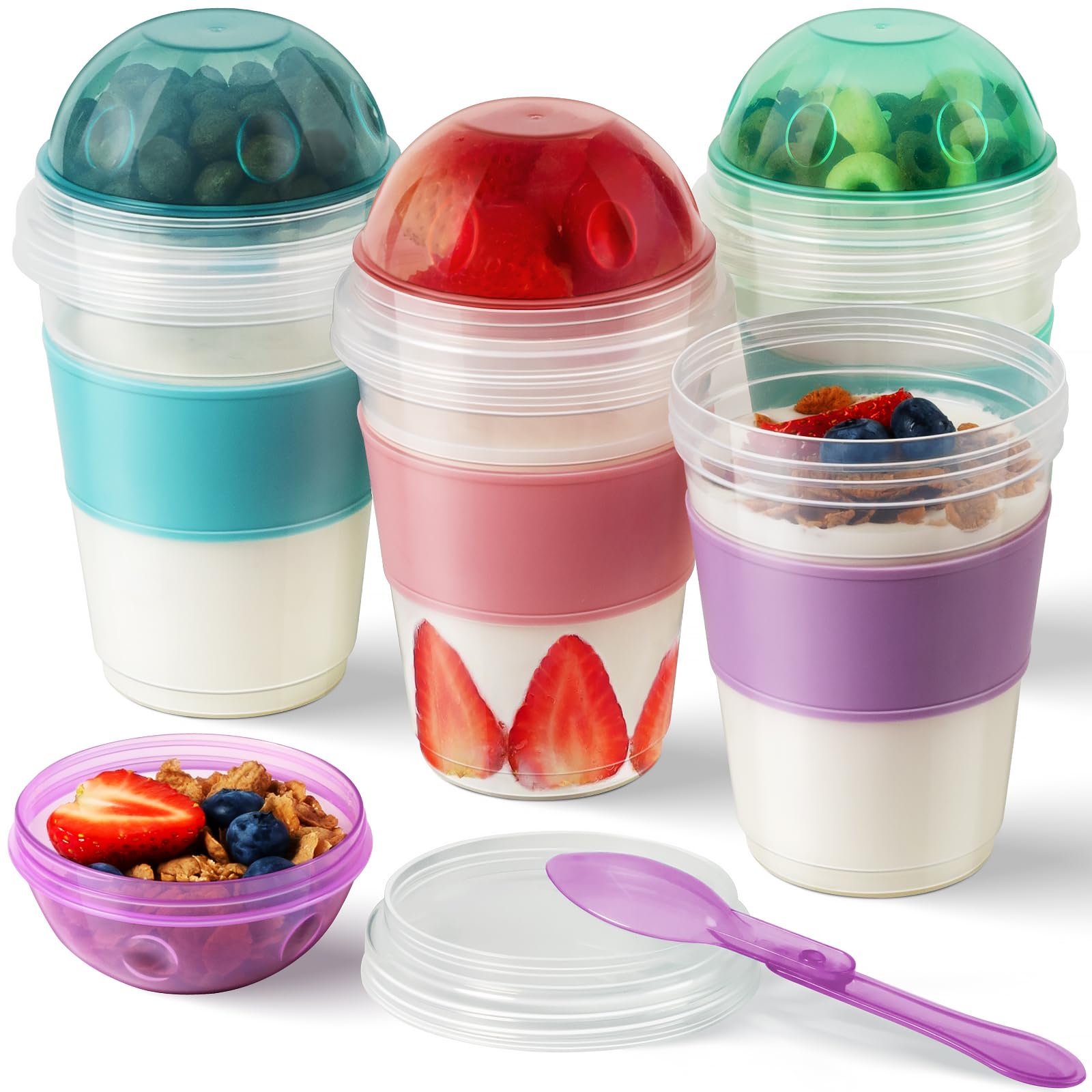 Freshmage 4 Pack 20 oz Yogurt Parfait Cups with Lids, Reusable Overnight Oats Containers with Lids, Folding Spoons and Topping Compartment for Breakfast to Go