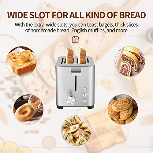 Kikiwell Toaster 2 Slice, Stainless Steel Bread Toasters, Extra Wide Slots, 6 Bread Shade Settings, Bagel/Defrost/Cancel Function, Removable Crumb Tray, 120V/850W (2 Slice)