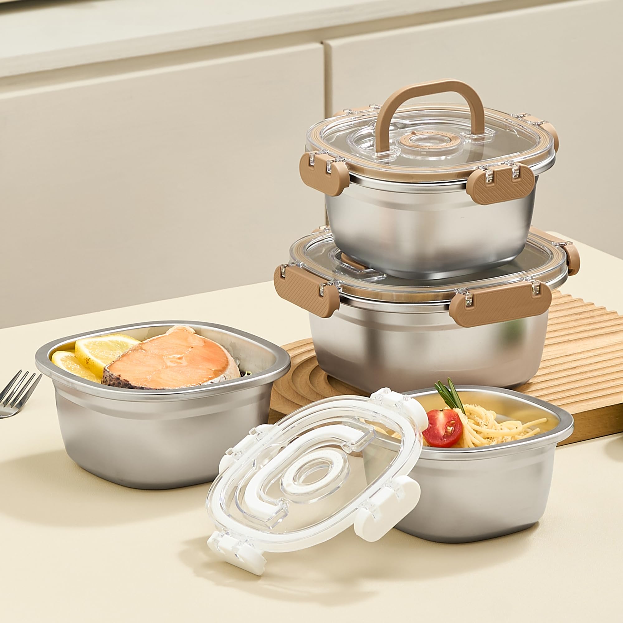 CHENMUYI Stainless Steel Food Containers with Lids Stainless Steel Lunch Bento Box Kitchen Snack Storage Containers Reusable&Stackable Metal Container for Home, Travel, Work, Party, Leftovers (white)