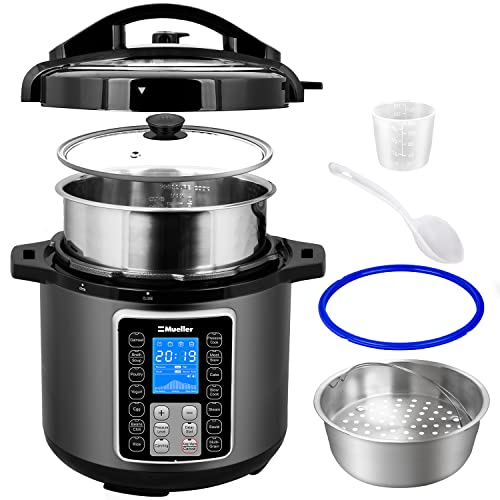 Mueller 6 Quart Pressure Cooker 10 in 1, Cook 2 Dishes at Once, Tempered Glass Lid incl, Saute, Slow Cooker, Rice Cooker, Yogurt Maker and Much More