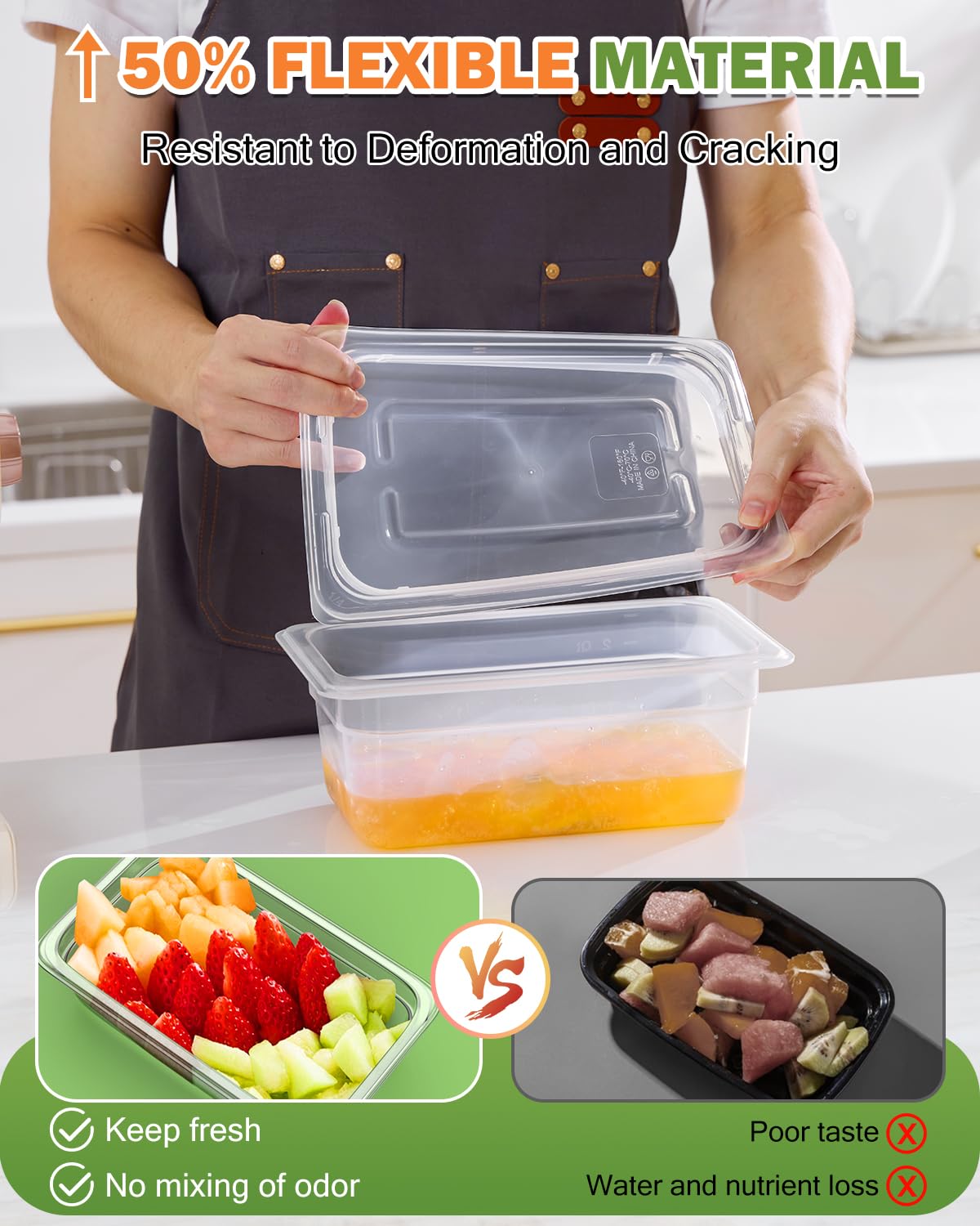 1/3-1/6-1/9 Size&6 Inch Translucent NSF Food Pan: 9 PCS[Total Seal] [Hot&Cold Resistant] Food Storage Containers with Lids, Topping Salad Bar Container (BPA-FREE)
