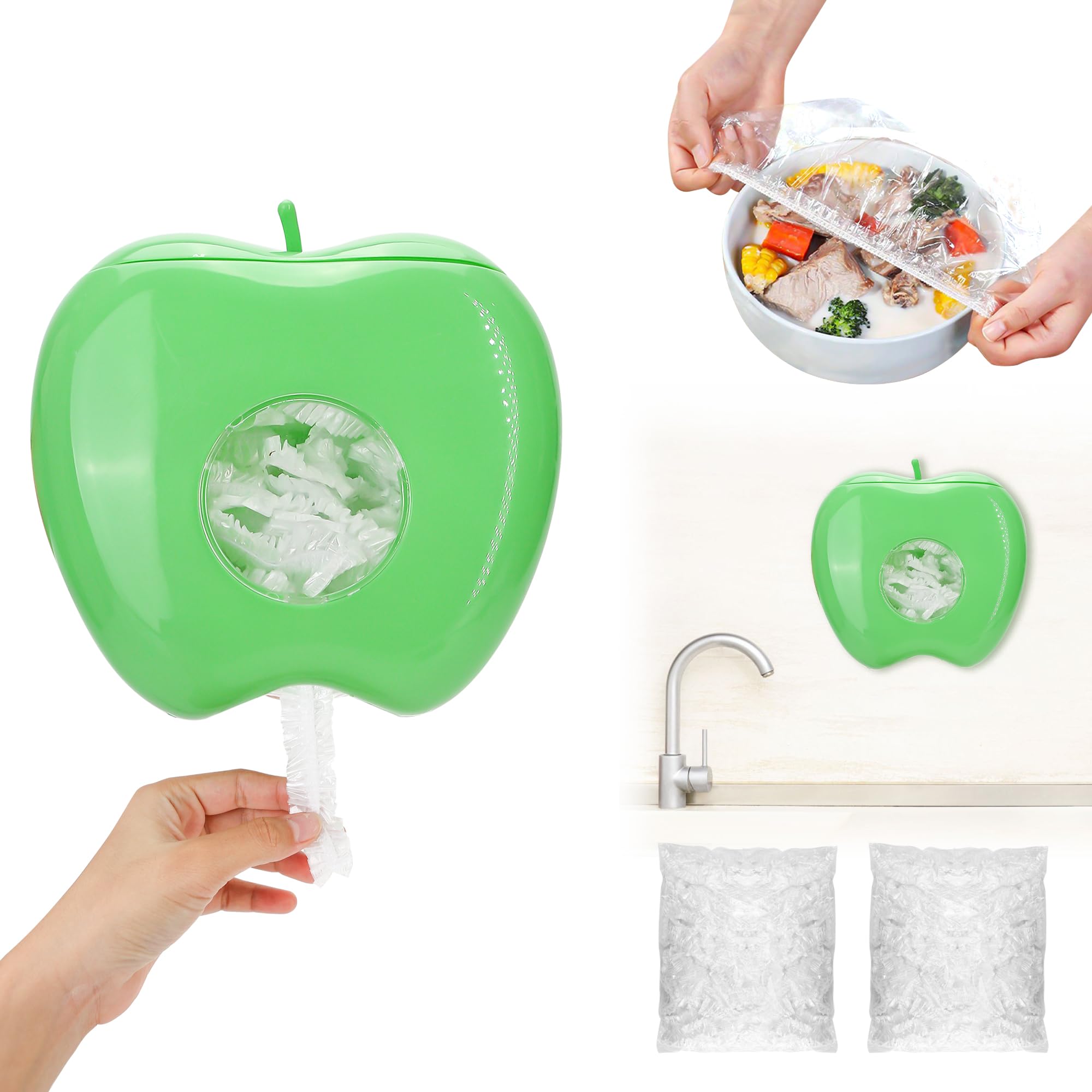 Plastic Wrap Storage Box with 200pcs Disposable Cling Film Food Cover, Reusable Wall-Mounted Punch-Free Dispenser for Elastic Sleeve Bag, Extractable Shower Caps Organizer for Kitchen Bathroom (Green)
