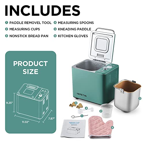 Neretva 20-in-1 2LB Bread Maker Machine with Gluten Free Pizza Sourdough Setting, Digital, Programmable, 1 Hour Keep Warm, 2 Loaf Sizes, 3 Crust Colors - Receipe Booked Included