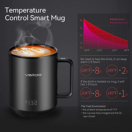 VSITOO S3 Temperature Control Smart Mug with Lid, Coffee Mug Warmer with Mug for Desk Home Office, App Controlled Heated Coffee Cup, Self Heating Coffee Mug 11 oz, Electric Mug-Black Inner Wall