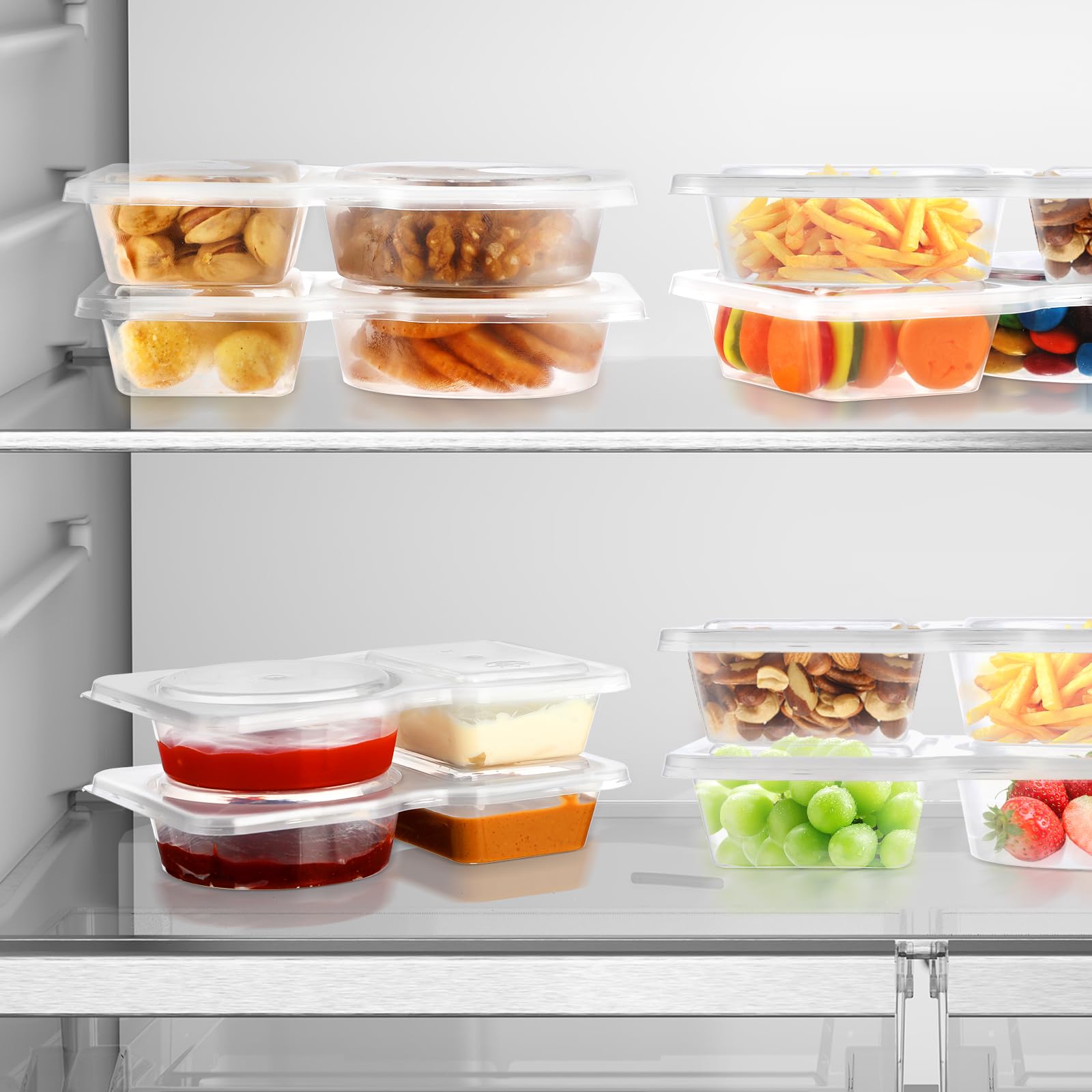 tiaotyu 20 Pack Leak-Proof Dual Compartment Containers with Lids, Disposable Sauce Cups for Dips, Condiments, Snacks, Salads β Ideal for Catering, Parties & Takeout