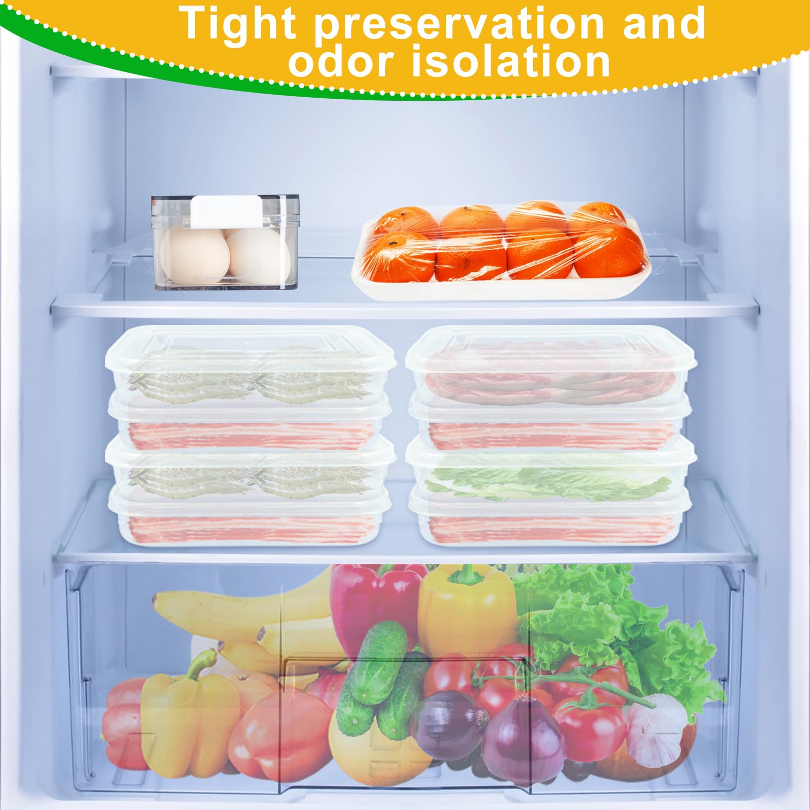 KKONHII Bacon Keeper, 8 Pcs Deli Meat Container for Fridge Plastic Saver Container with Lids and 2 Bacon Clip Airtight Cold Cuts Cheese Container Food Storage Box Shallow Low Christmas Cookie Holder