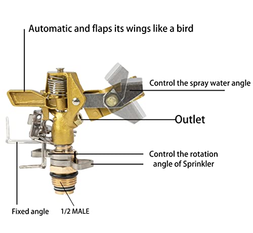Hourleey 1/2 Inch Brass Impact Sprinkler, Heavy Duty Water Sprinkler Head, Adjustable 0-360 Degree Coverage Pattern, Watering Sprinkler for Large Area Lawn Patio Garden Irrigation (4)