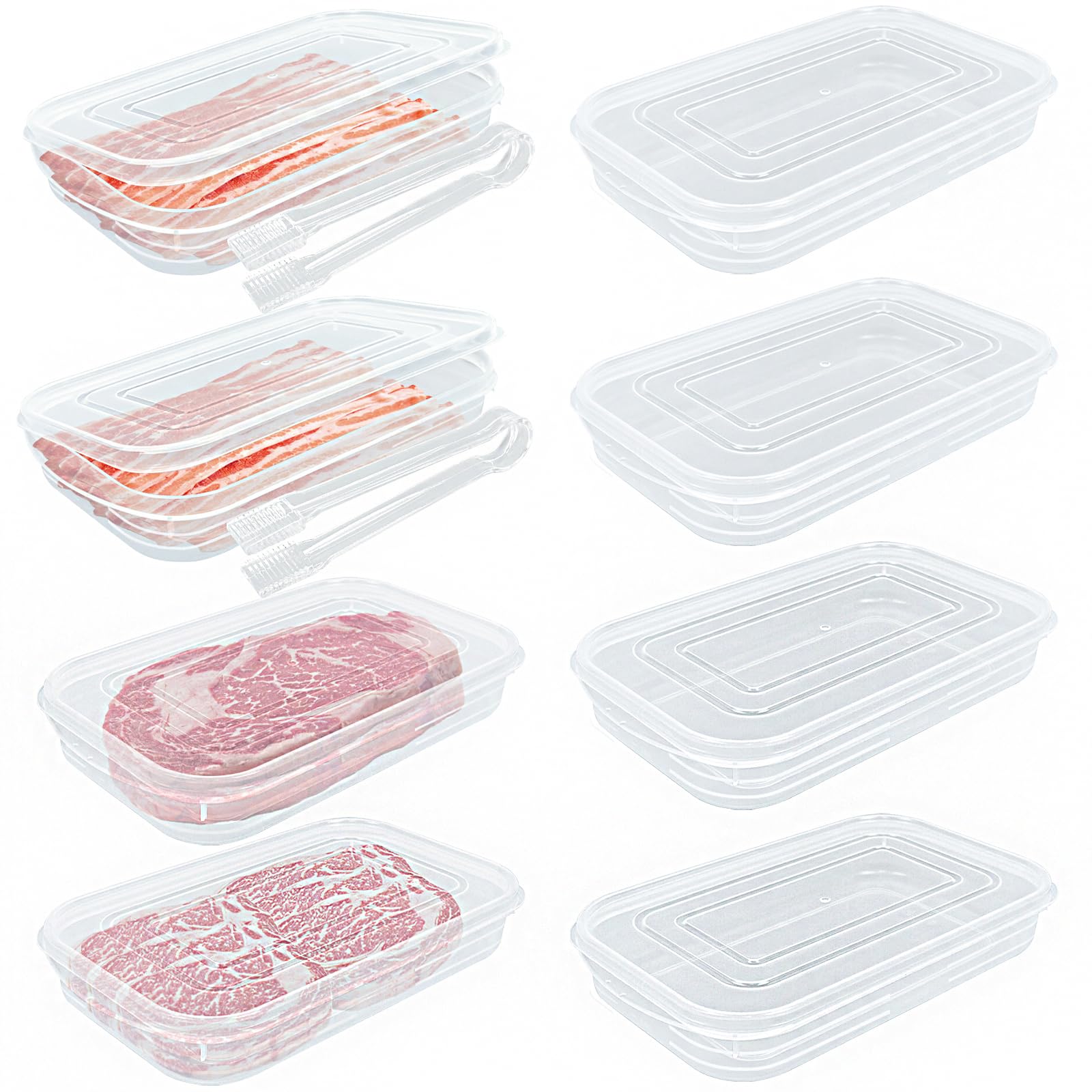 KKONHII Bacon Keeper, 8 Pcs Deli Meat Container for Fridge Plastic Saver Container with Lids and 2 Bacon Clip Airtight Cold Cuts Cheese Container Food Storage Box Shallow Low Christmas Cookie Holder