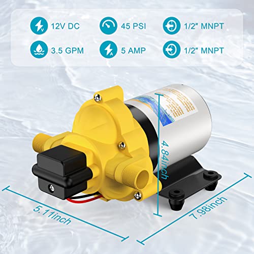 CircleRiver Premium RV Fresh Water Pump 3.5GPM 45PSI 12V DC Self Priming Diaphragm Water Pump for RV Quiet Water Pump with Pressure Switch for Yacht, Marine [Upgrade]