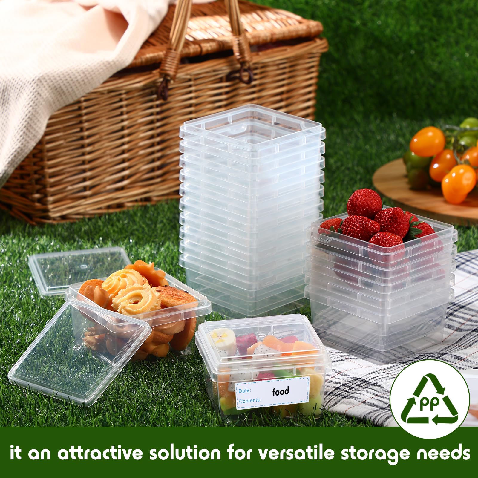 Blushtier 50 Sets 12 oz Square Deli Containers with Lids Stackable Plastic Freezer Food Storage Clear Dessert Containers with Freezer Labels for Takeout Meal Prep Storage, Microwave and Freezer Safe