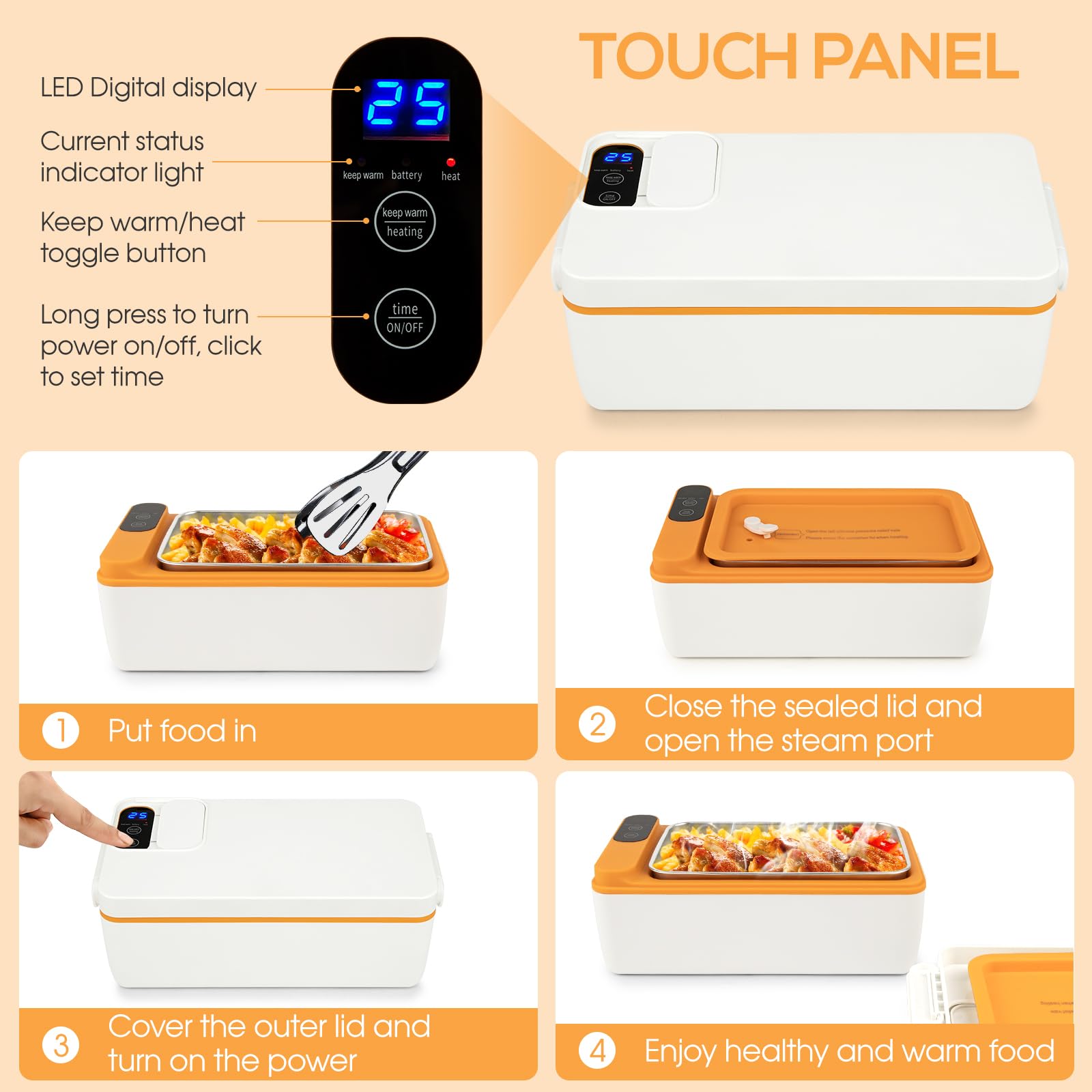 Keweis Cordless Electric Lunch Box Food Heater, Battery Powered Heated Lunch Box Food Warmer for Adults, Adjustable Heating Warming Time, 1L Self Heating Hot Lunch Boxes with Insulated Bag