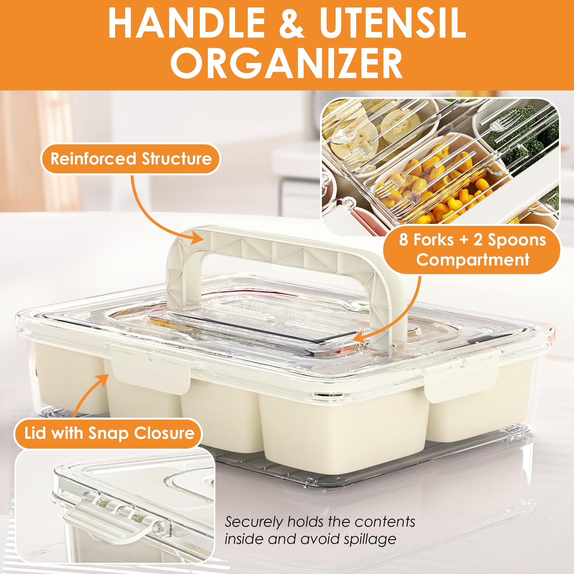 Hermit Home Snackle Box with Lid and Handle - Snack Containers, Charcuterie Platters, Clear Organizer for Candy, Fruits, Nuts, Snacks - with 8 Forks and 2 Spoons