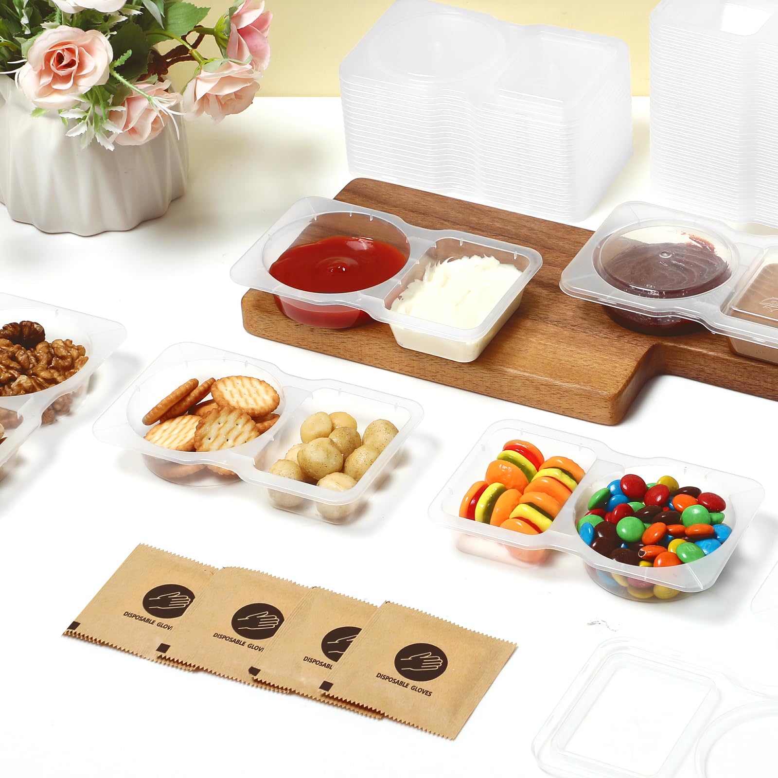 tiaotyu 20 Pack Leak-Proof Dual Compartment Containers with Lids, Disposable Sauce Cups for Dips, Condiments, Snacks, Salads β Ideal for Catering, Parties & Takeout