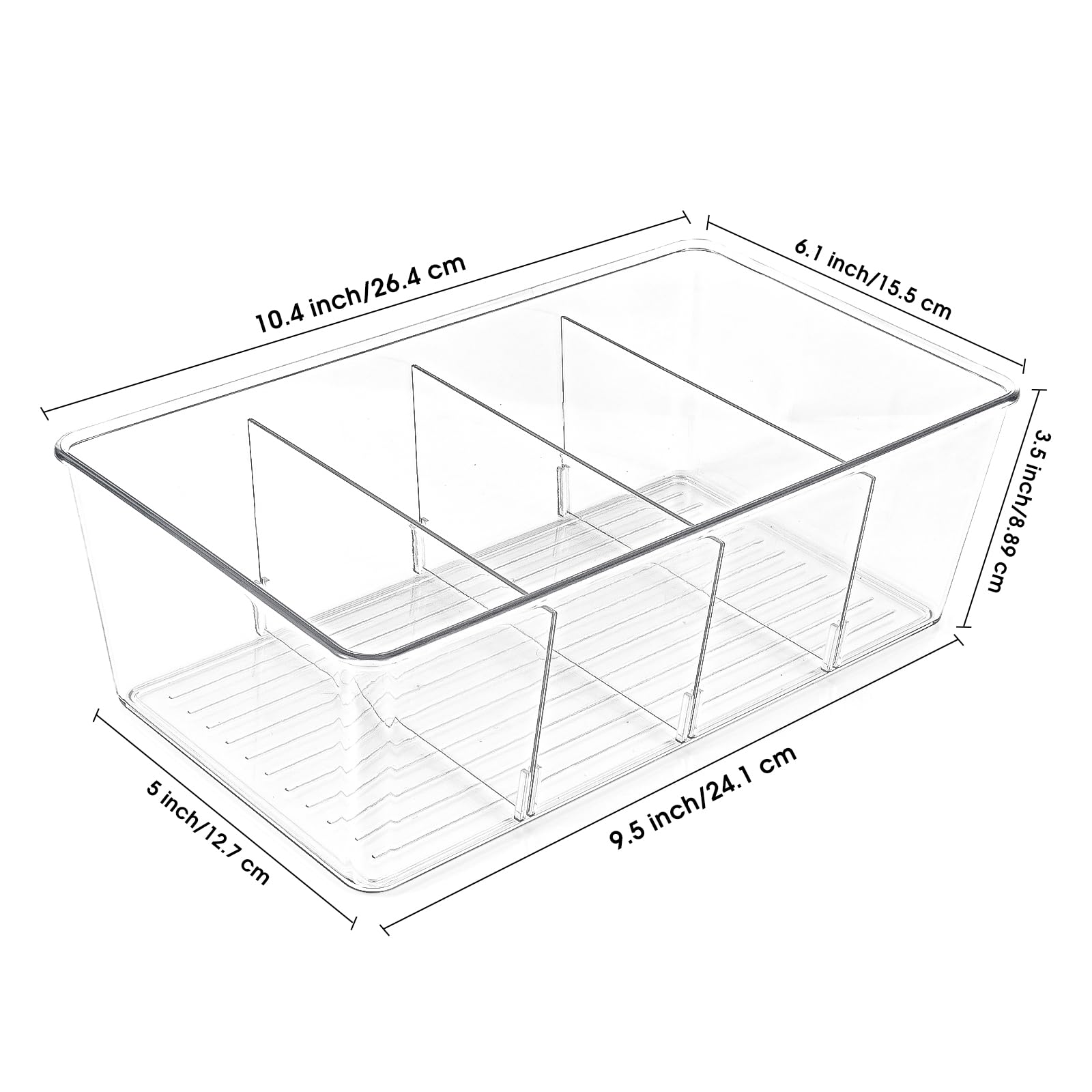 Tesdluy 4 Pack Refrigerator Organizer Storage Bins,3 Removable Dividers Clear Food Grade Plastic Stackable, Easy Pantry Organization for Kitchen, Cabinet, Fridge 