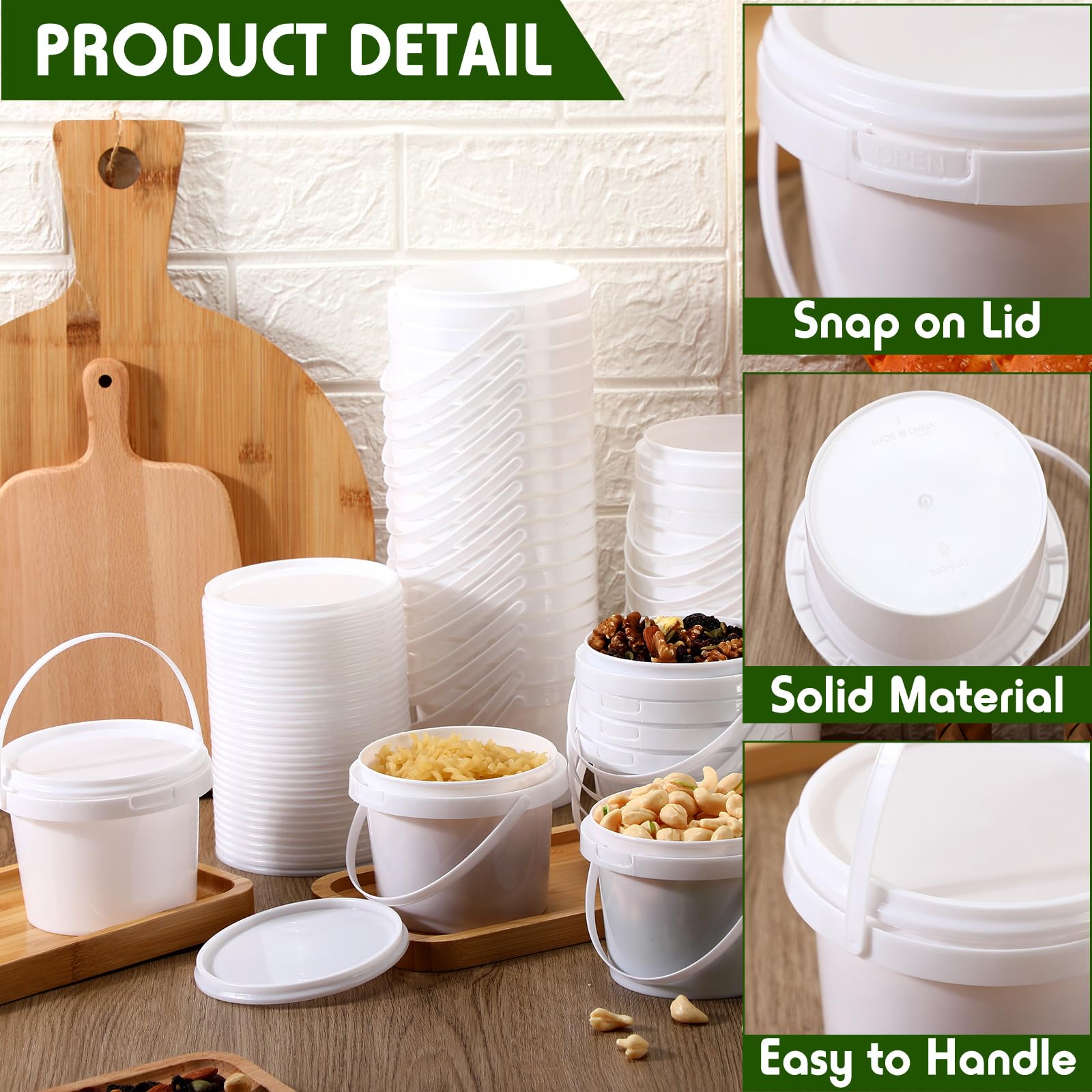Mifoci 50 Pcs 16 oz Round Plastic Bucket with Lids and Handle Reusable Ice Cream Containers Small White Bucket Plastic Tub Freezer Airtight Food Storage Containers for Kitchen Drinks Home