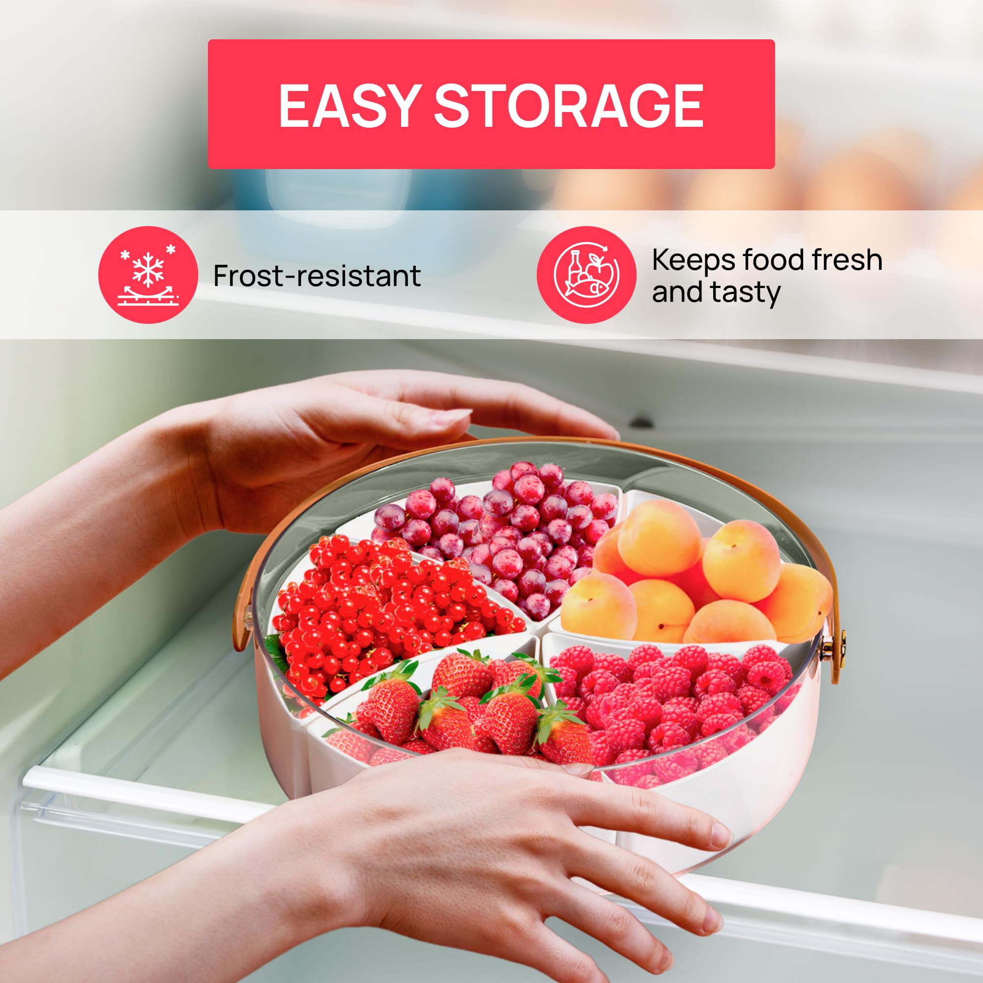 WOWZILLA Round Divided Serving Tray with Lid and Handle, Portable Snackle Box Container with 5 Compartment Trays for Fruit, Veggies, Snacks and Nuts, To Go Snack Container for Travel, Camping, Picnic