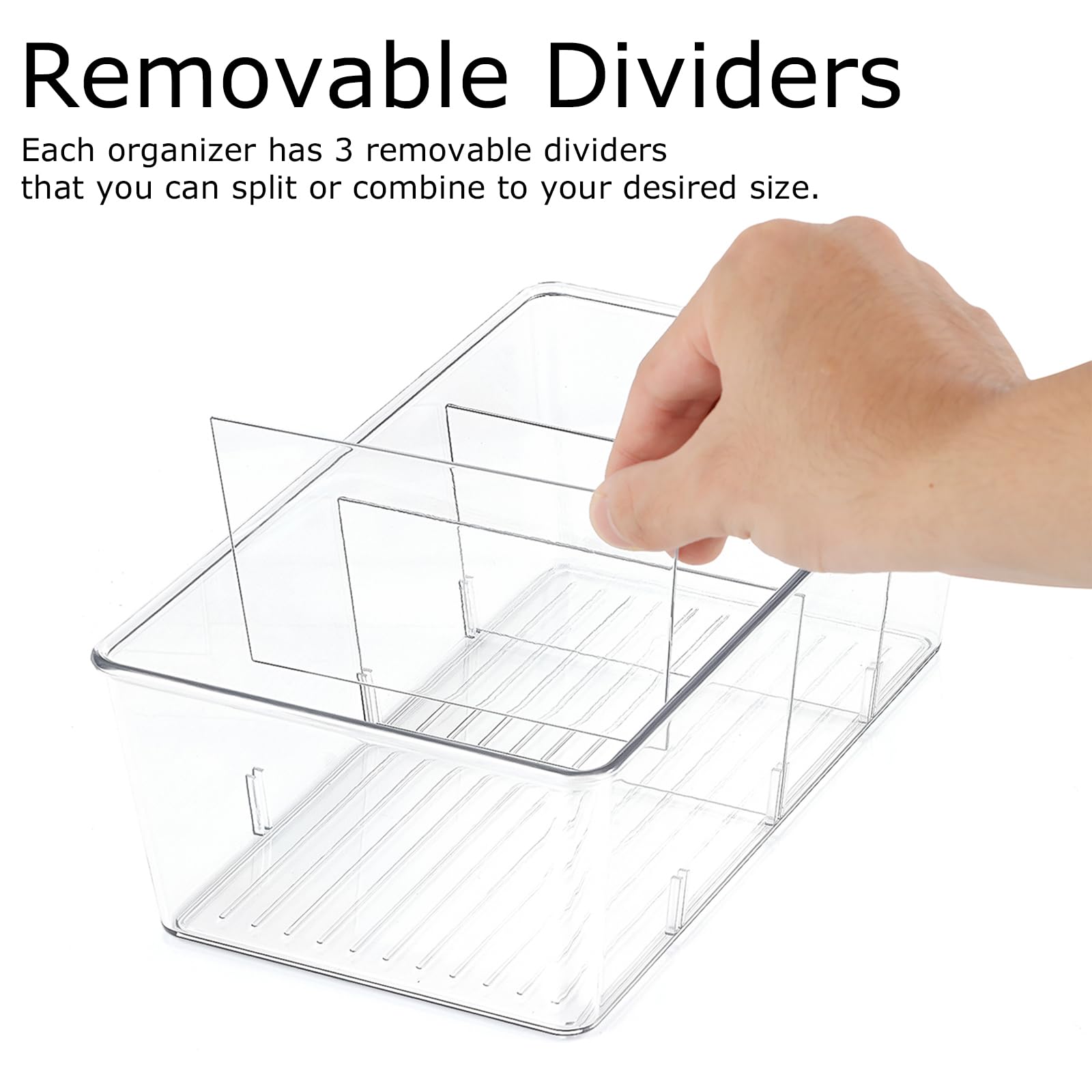 Tesdluy 4 Pack Refrigerator Organizer Storage Bins,3 Removable Dividers Clear Food Grade Plastic Stackable, Easy Pantry Organization for Kitchen, Cabinet, Fridge 