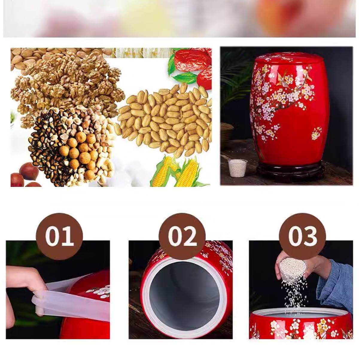 Ceramic Rice Storage Container 5KG/10KG/15KG/25KG Airtight Rice Dispenser with Lid Cereal Containers Large Rice Jar for Rice Noodles Snacks(Red,10KG)