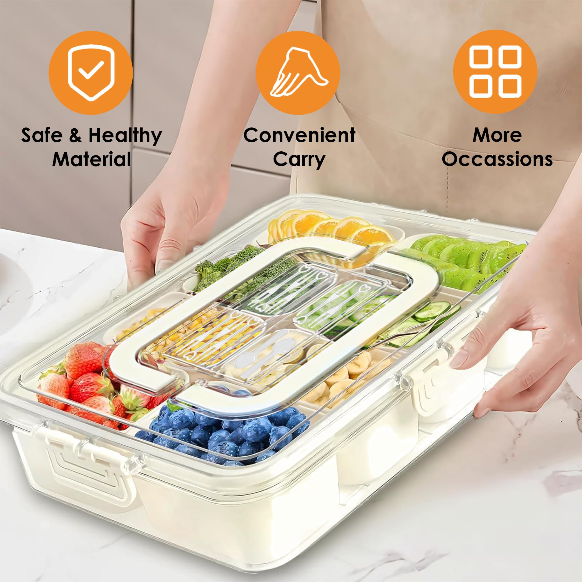 Hermit Home Snackle Box with Lid and Handle - Snack Containers, Charcuterie Platters, Clear Organizer for Candy, Fruits, Nuts, Snacks - with 8 Forks and 2 Spoons