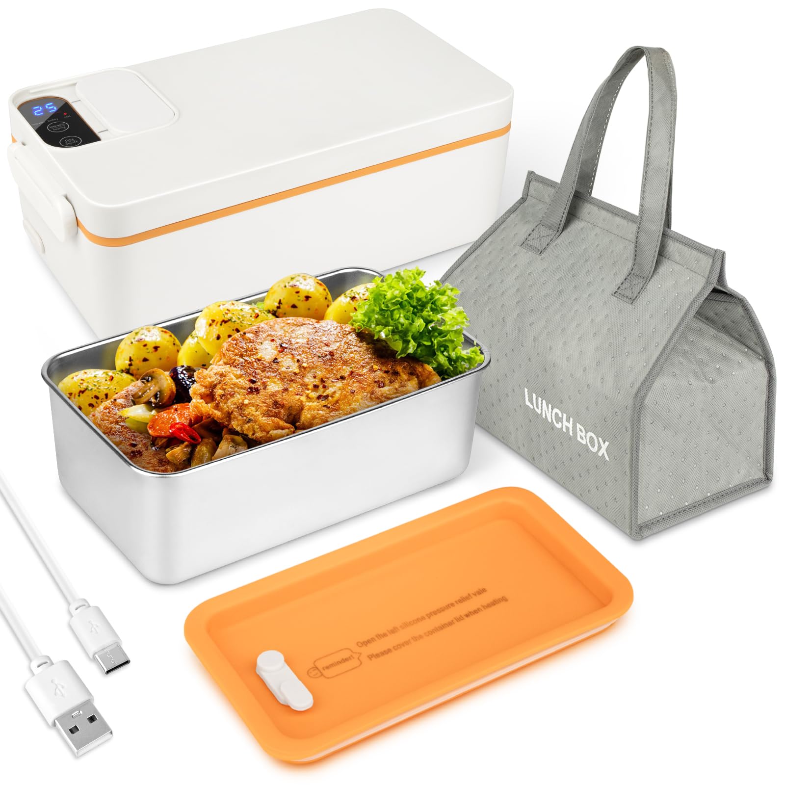 Keweis Cordless Electric Lunch Box Food Heater, Battery Powered Heated Lunch Box Food Warmer for Adults, Adjustable Heating Warming Time, 1L Self Heating Hot Lunch Boxes with Insulated Bag