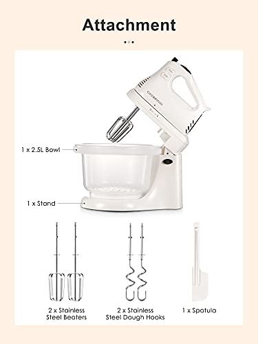 2 in 1 Hand Mixers Kitchen Electric Stand mixer with bowl 3 Quart, electric mixer handheld for Everyday Use, Dough Hooks & Mixer Beaters for Frosting, Meringues & More