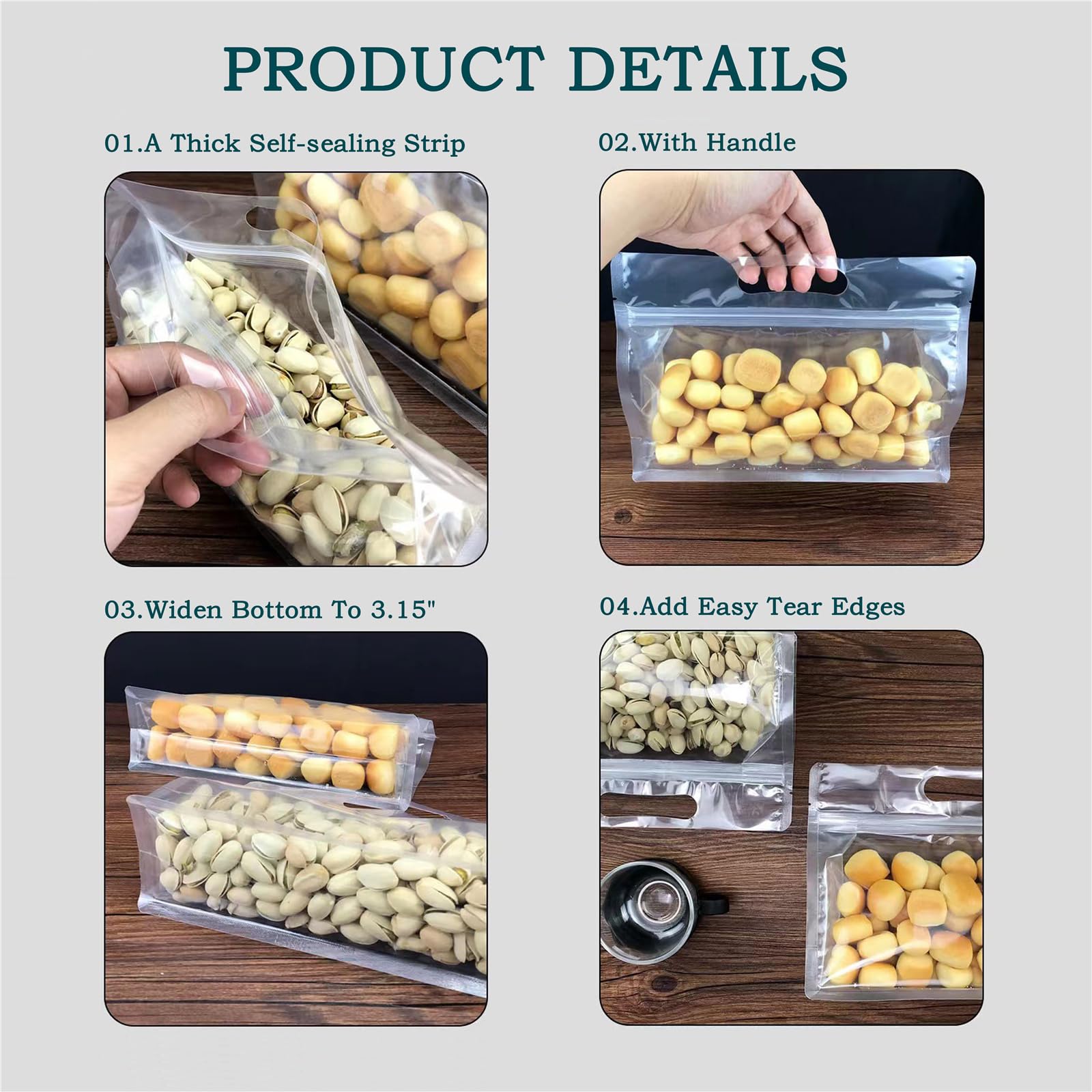 16Pack Transparent Plastic Flat Bottom Storage Bags with Carry Handle for Holding Food,Sealing Zipper Packaging Things Containers Convenient and Portable to Outing (11.02x8.27)