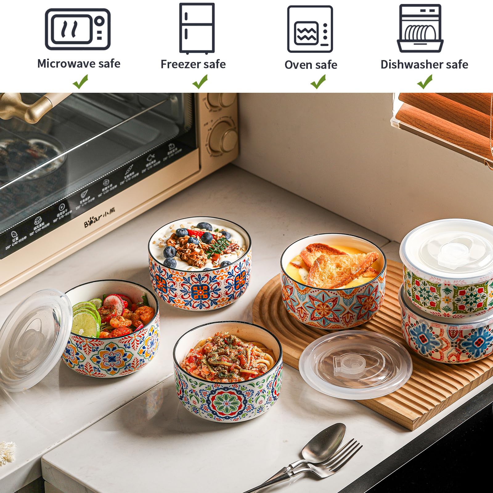 Chubacoo Ceramic Bowl with Lid: Microwave Safe Soup Containers Set of 6 for Meal Prep, Cereal, Salad, Picnic, Camping, Office Lunch, Kitchen Food Storage - 5 Inch, 20 oz, Design B