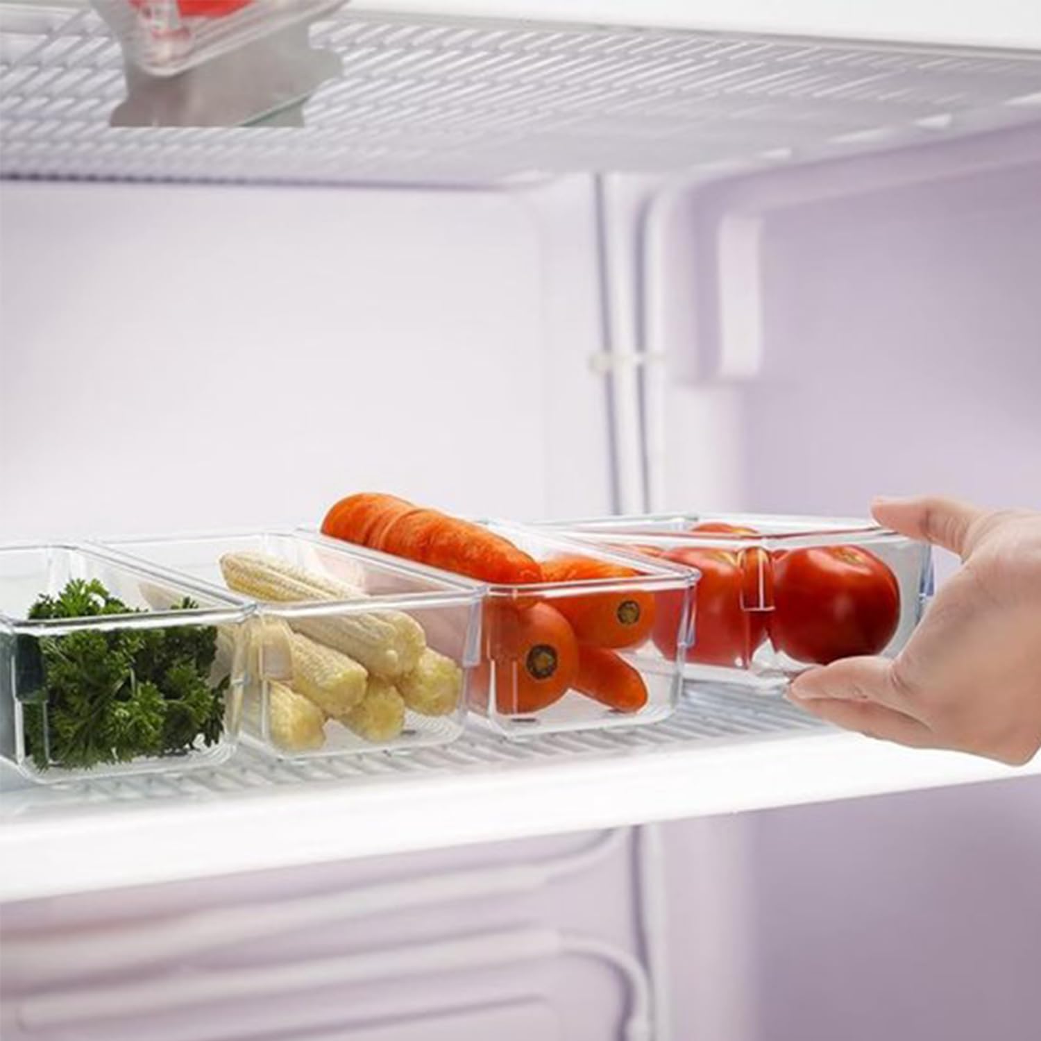 Tesdluy 4 Pack Refrigerator Organizer Storage Bins,3 Removable Dividers Clear Food Grade Plastic Stackable, Easy Pantry Organization for Kitchen, Cabinet, Fridge 