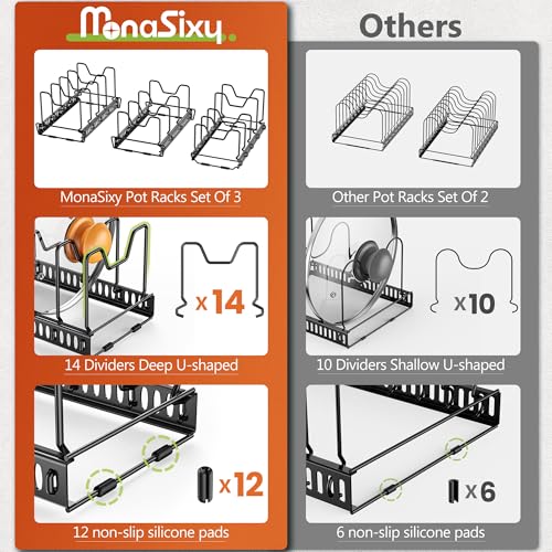 MonaSixy Pots and Pans Organizer Under Cabinet,Expandable Pan Organizers Inside Cabinet, 3 Methods 14 Adjustable Divider, 3-Pack Pot Lid Rack Holder Kitchen Storage for Cookware, Baking Sheet