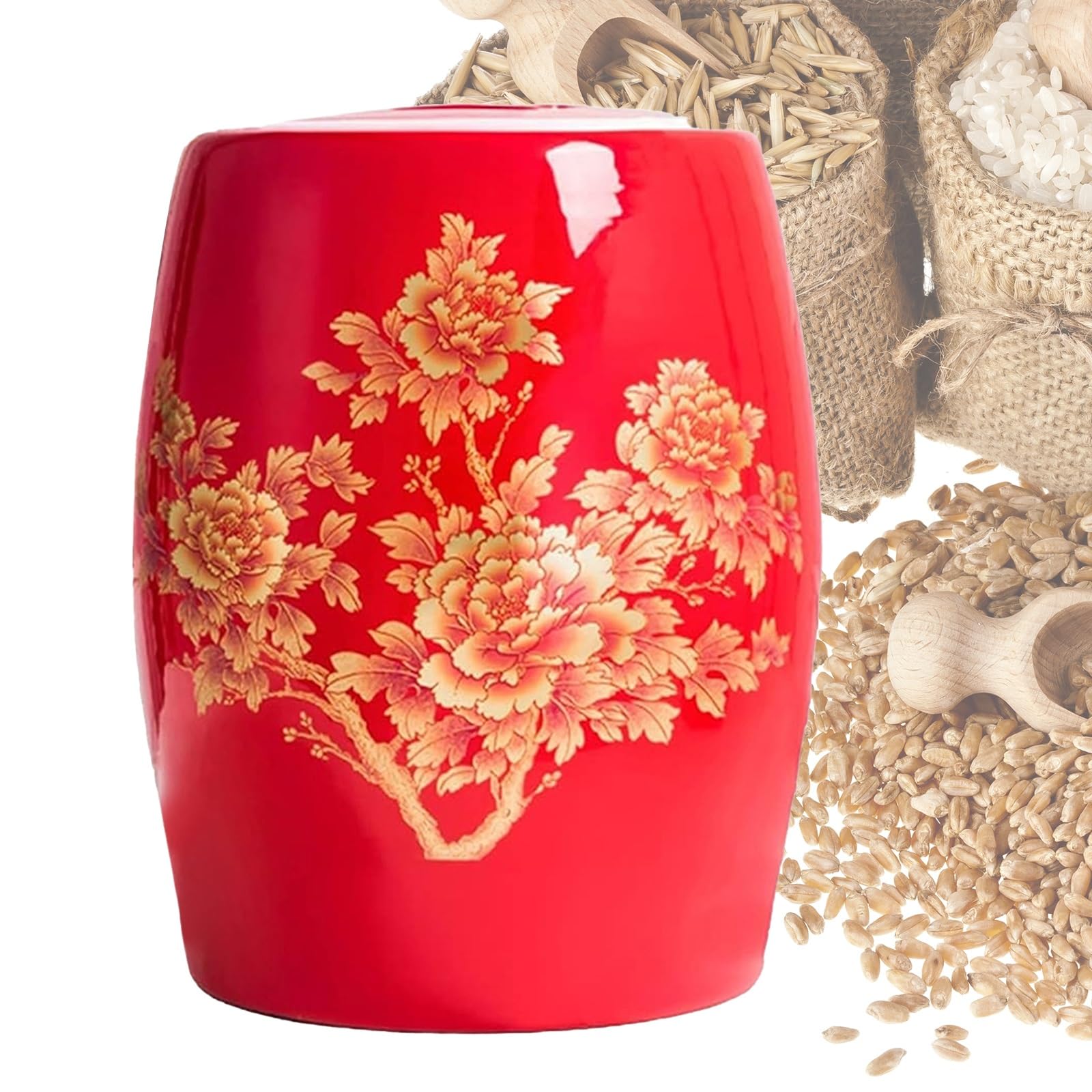 Ceramic Rice Storage Container 5KG/10KG/15KG/25KG Airtight Rice Dispenser with Lid Cereal Containers Large Rice Jar for Rice Noodles Snacks(Red,10KG)