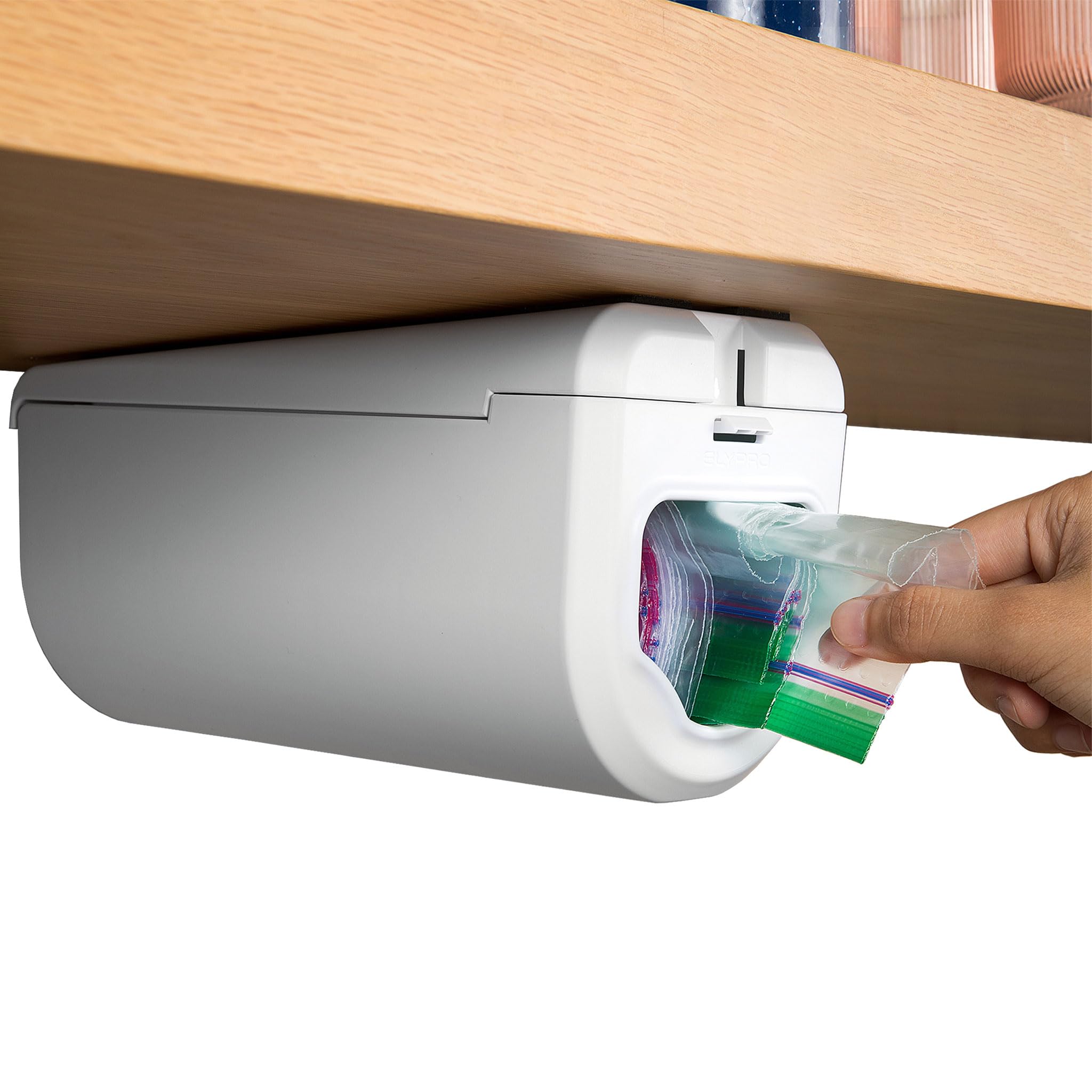 ELYPRO Dispenser for Ziplock Bags size Quart, Sandwich, and Snack Bags | Under-Cabinet or Shelf Mount | Easy Front-Access Bag Dispensing | Kitchen Organization and Storage Solution
