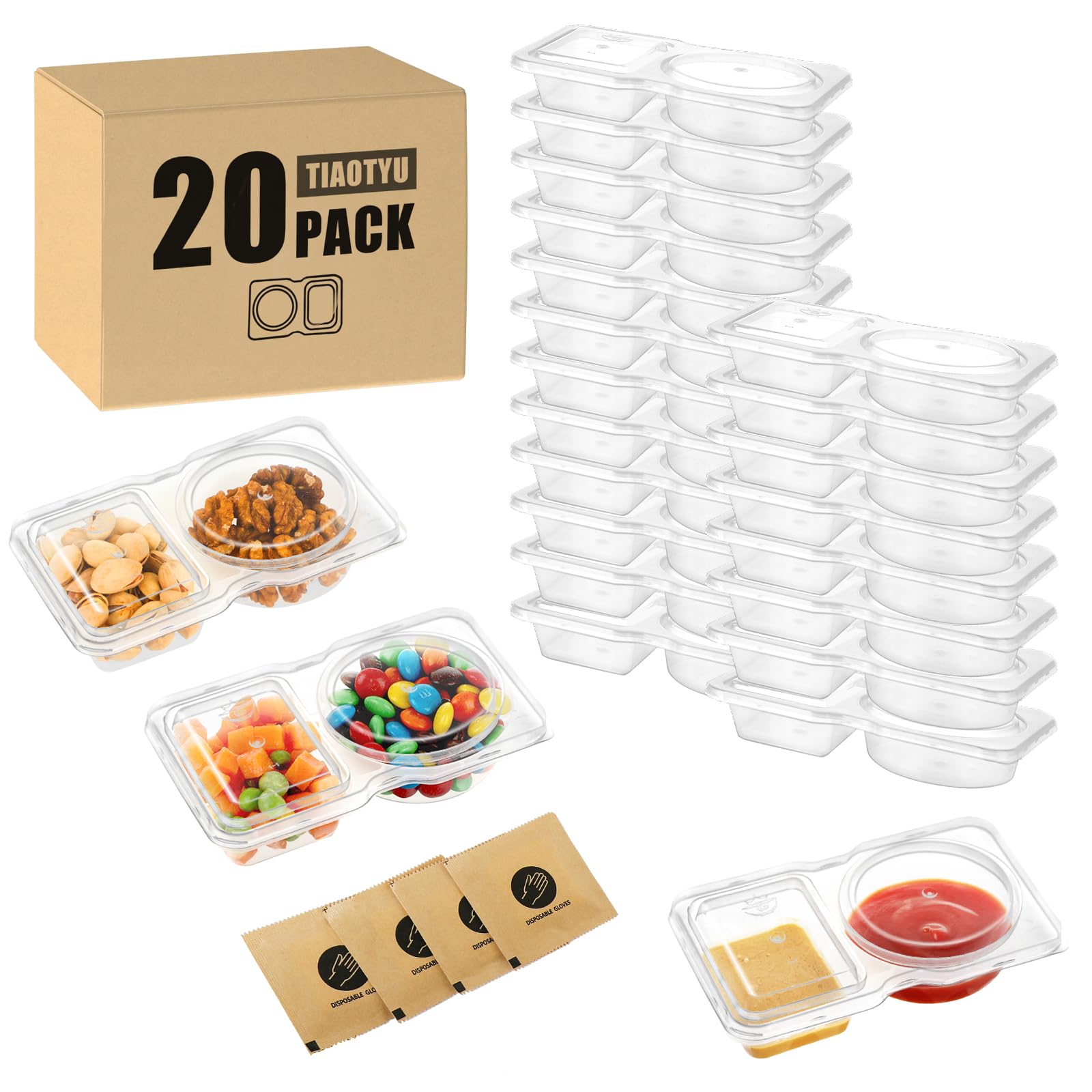 tiaotyu 20 Pack Leak-Proof Dual Compartment Containers with Lids, Disposable Sauce Cups for Dips, Condiments, Snacks, Salads – Ideal for Catering, Parties & Takeout