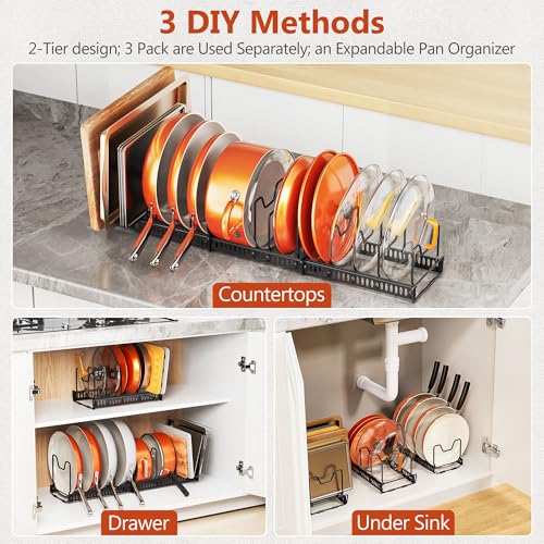 MonaSixy Pots and Pans Organizer Under Cabinet,Expandable Pan Organizers Inside Cabinet, 3 Methods 14 Adjustable Divider, 3-Pack Pot Lid Rack Holder Kitchen Storage for Cookware, Baking Sheet