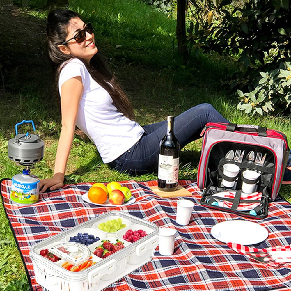 Mimeile Fruit Serving Trays with Lid Divided Veggie Tray Snack Serving Platter Vegetable Storage Box Draining Basket Fridge Organizer Container for Salad Cooking Party Picnic Travel