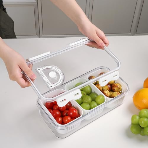 OZEPLASC Fruit Storage Containers for Fridge 3 Compartments Snack Box Container BPA-Free Divided Serving Tray with Lid Portable Veggie Fruit and Vegetable Containers for Fridge Party Travel Picnic