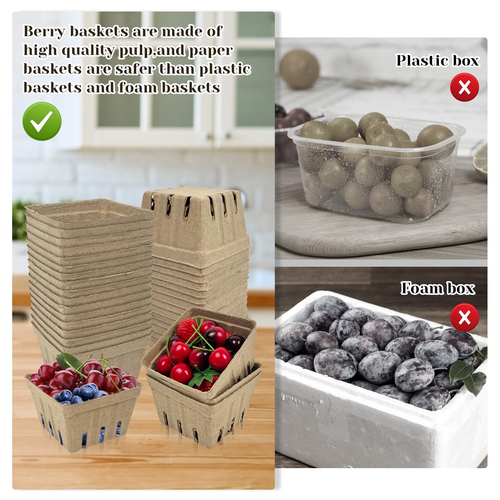 Rainmae 30 Pack Natural Pulp Fiber Berry Basket, Molded Berry Basket Produce Vented Container for Strawberry Blueberry Raspberry and Vegetable, Farmer Market, Grocery Stores, Backyard Party