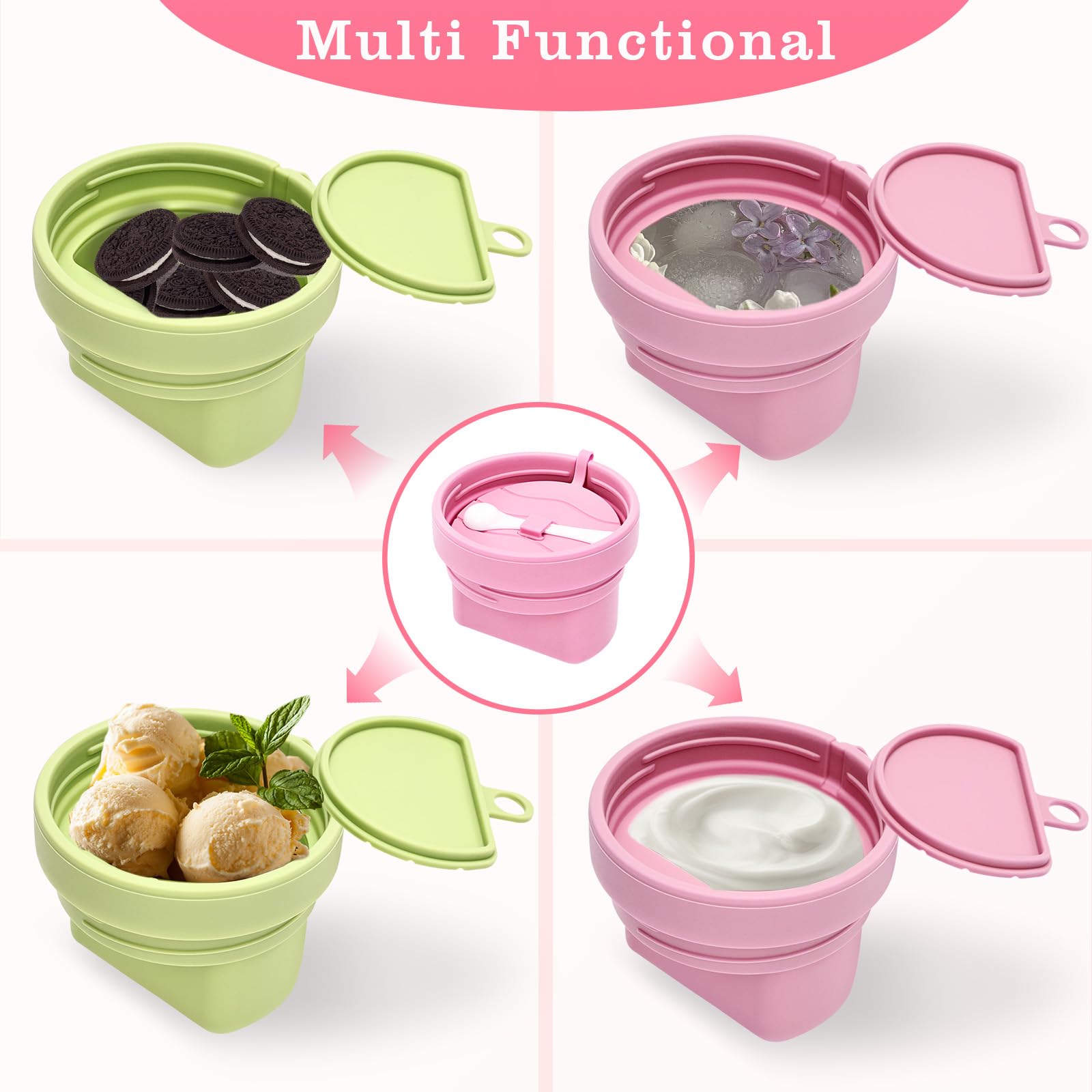 Silicone Ice Cream Cup with Lids for Stanley Cup Accessories 40 oz, Ice Cream Containers for Homemade Ice Cream with Spoons, Reusable Freezer Storage Tubs for Ice Cream, Sorbet (2 PCS, Pink & Green)