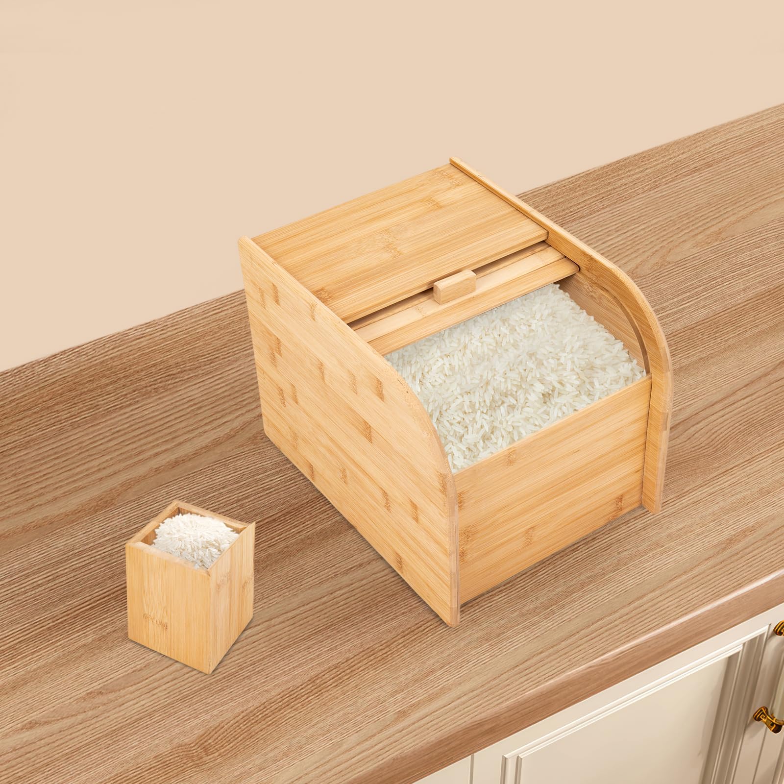 KONKENIE 10kg/22lbs Bamboo Rice Storage Container Wooden Cereal Grain Soybean Flour Storage Dispenser Rice Container Box with Sliding Lid & Measuring Cup for Home Kitchen Restaurant (22Lbs)