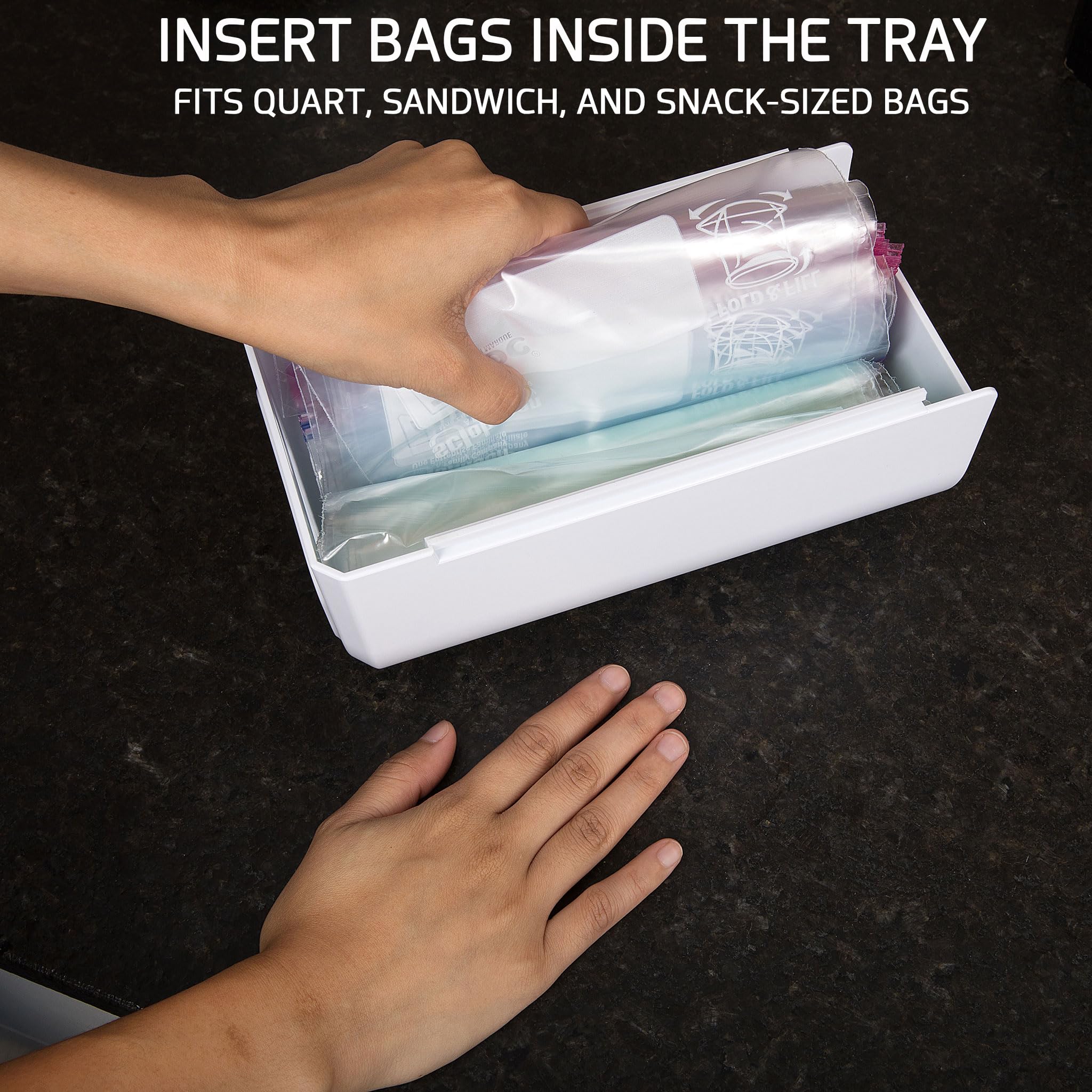 ELYPRO Dispenser for Ziplock Bags size Quart, Sandwich, and Snack Bags | Under-Cabinet or Shelf Mount | Easy Front-Access Bag Dispensing | Kitchen Organization and Storage Solution