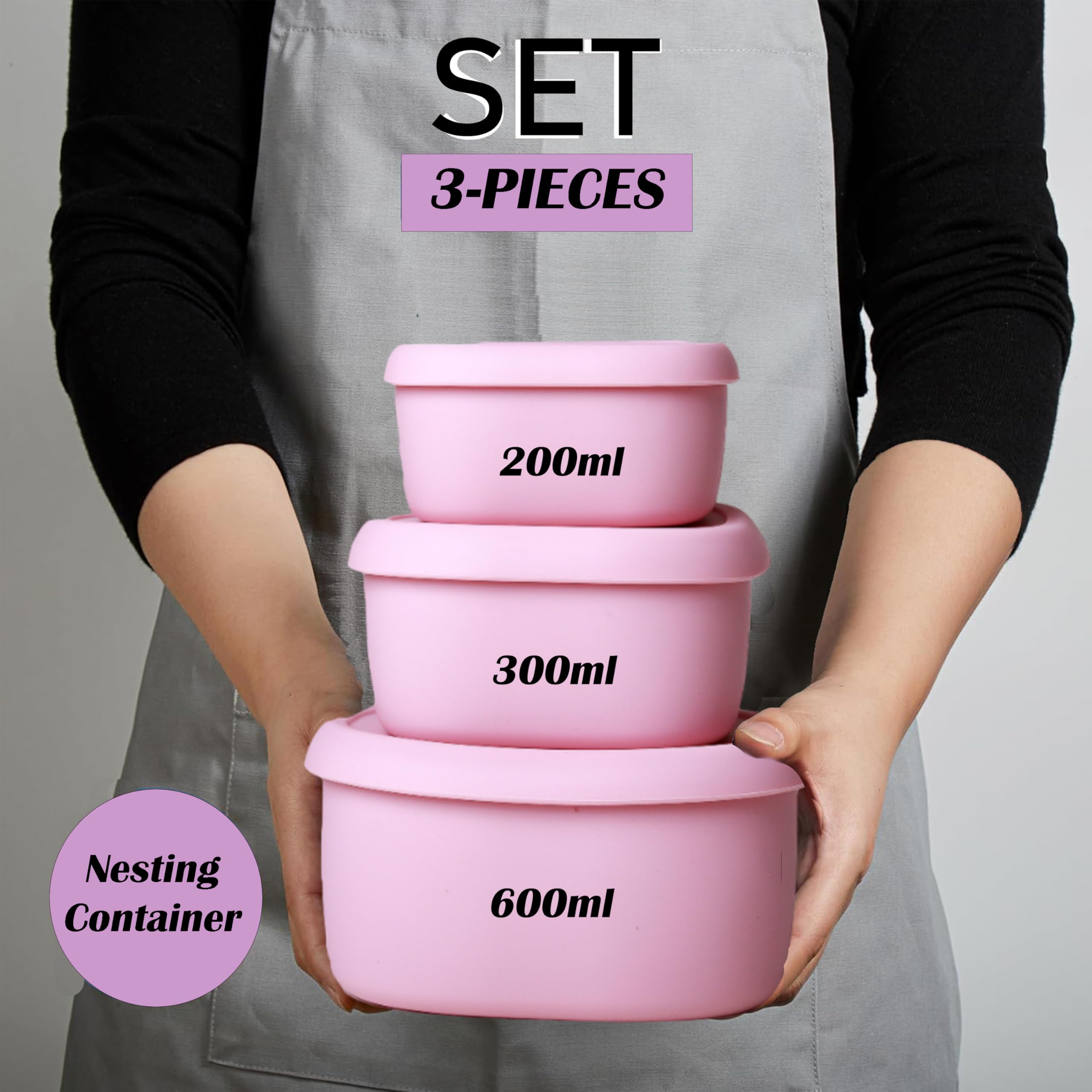 Nesting Silicon Storage Containers with Lids β Set of 3 Nesting food storage containers, Food Reusable Meal Prep, Airtight, Dishwasher and Freezer Safe (90g, 155g, 257g) Pink