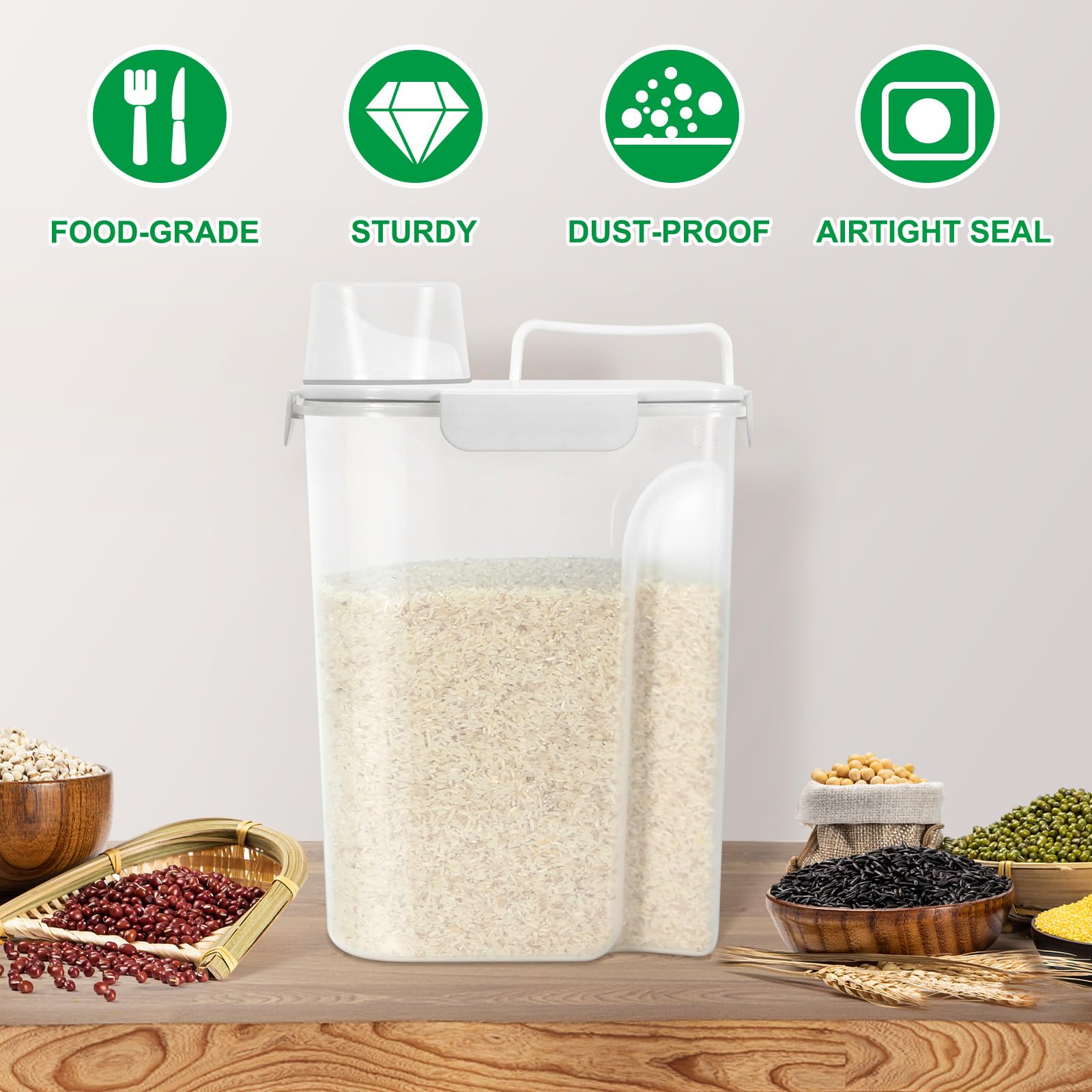 TBMax Airtight Rice Container 8 Lbs -10 Lbs, Cereal Container Dispenser, Pet Cat Dog Food Storage Container, Plastic Kitchen Pantry Food Storage Container with Cup -White