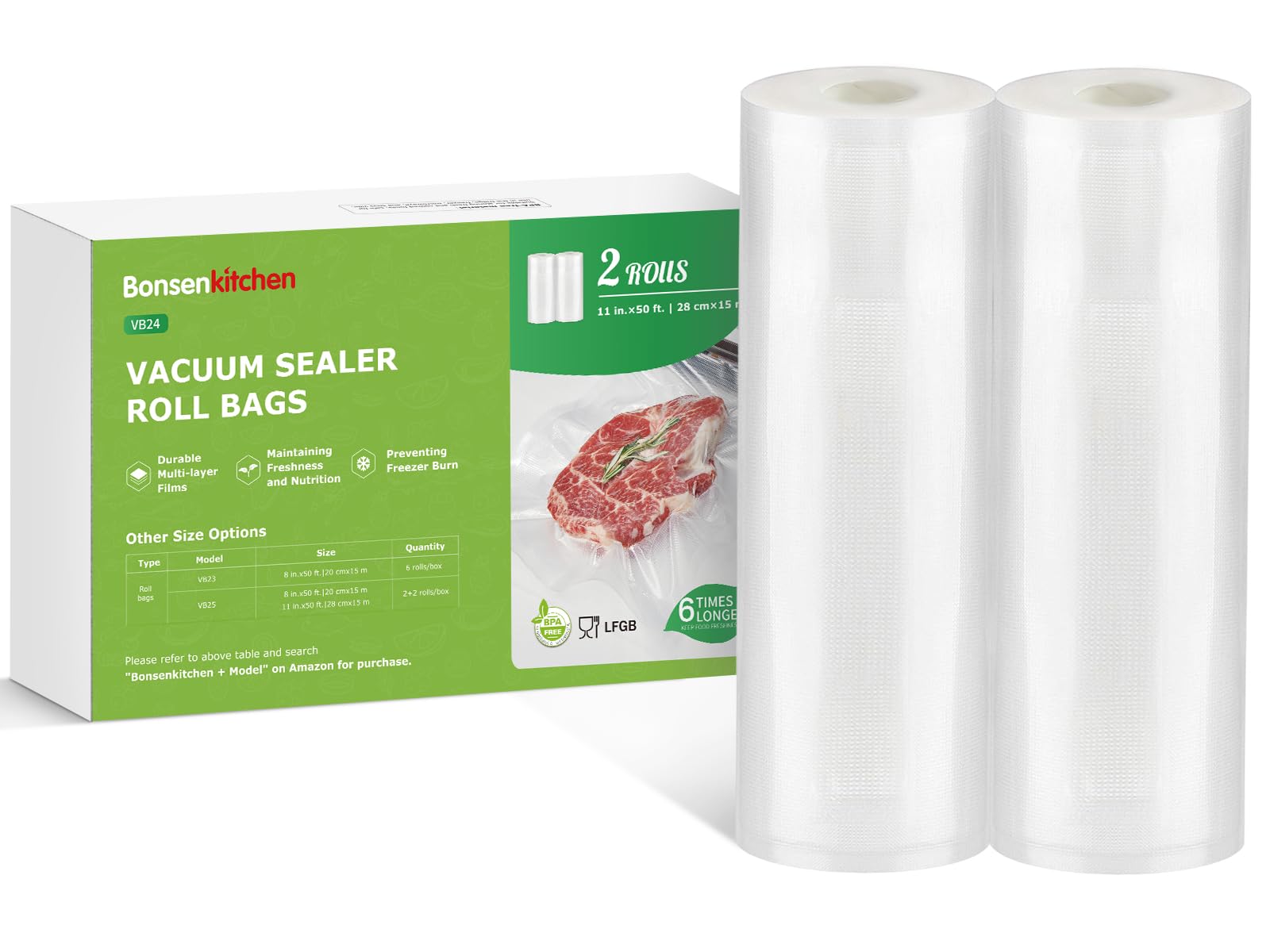 Bonsenkitchen Vacuum Sealer Bags Rolls, 11 in x 50 ft Rolls 2 pack Durable Food Sealer Bags, Commercial Grade, Heavy Duty, BPA Free, Seal a Meal, Great for Food Storage & Sous Vide Cooking, VB24