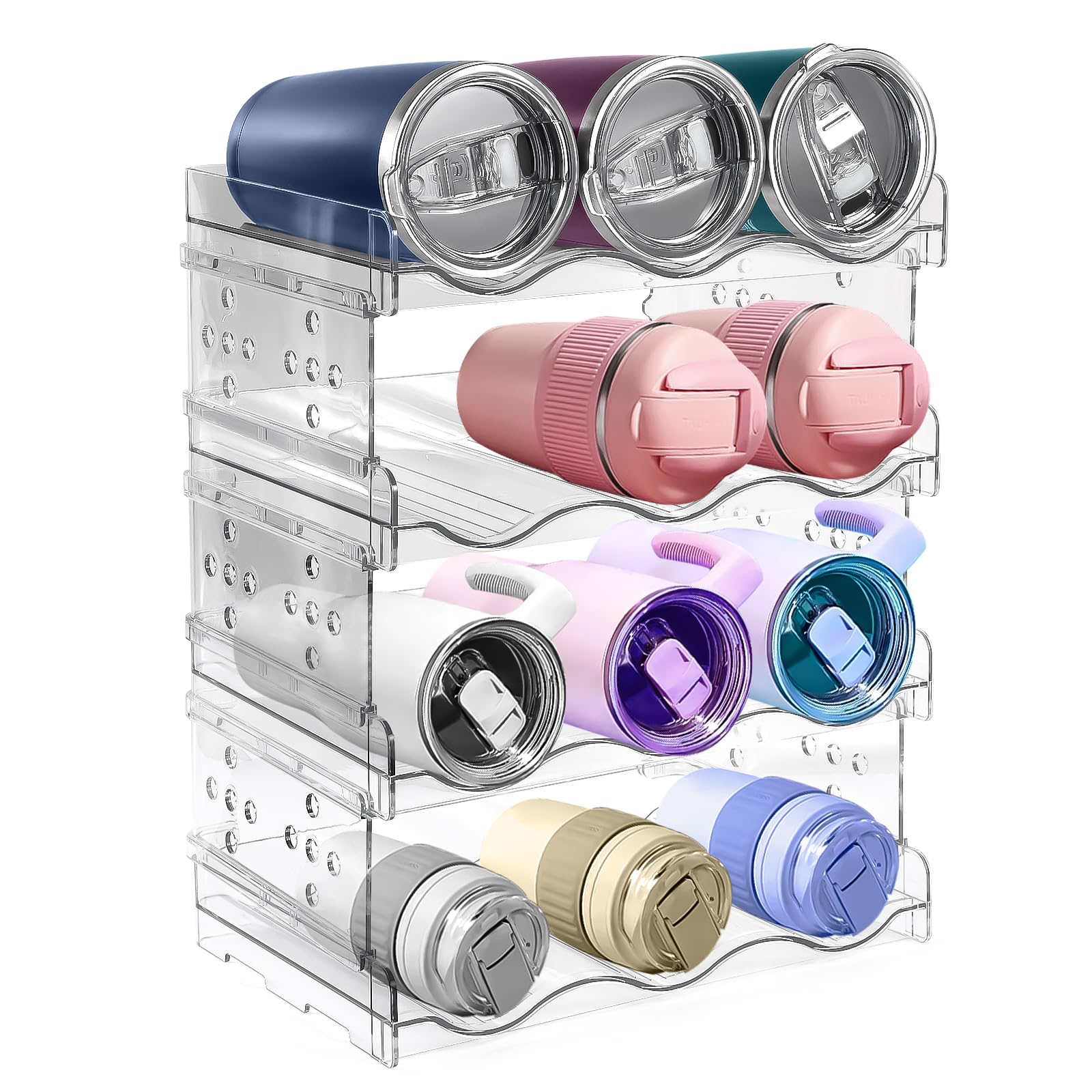 4 Tier Stackable Water Bottle Organizer Holder, Large Compartment Bottle Storage Rack for Stanley Tumbler, Clear Plastic Wine Rack/Drink Bottle Holder for Cabinet Organization and Storage