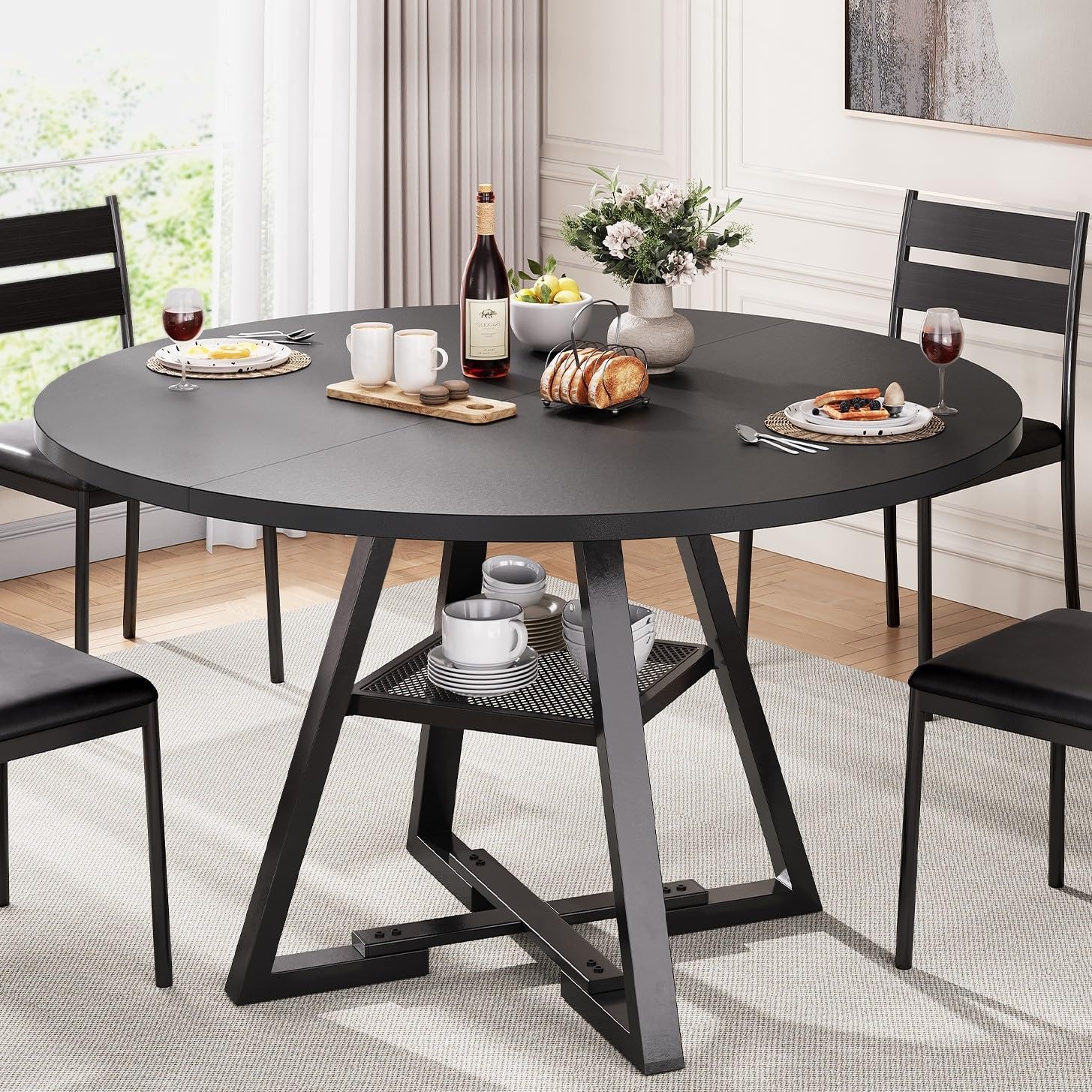Jocoevol Round Dining Table for 4, Kitchen Table, Dining Table, Circle Table, Round Pedestal Dining Table, Dining Room Table, Dinner Table,Space Saving Wood Kitchen & Dining Room Tables, 47In (Black)