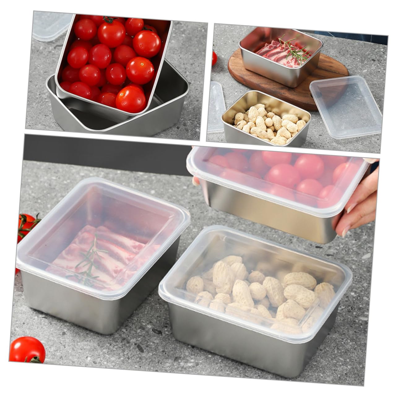 AUTSUPPL 4pcs Boxes Crisper Freezer Meal Prep Container Stainless Bread Lid Portable Refrigerator Fruit Containers for Fridge Keep Fresh Kimchi Container Sealing Food Boxes Stainless Steel